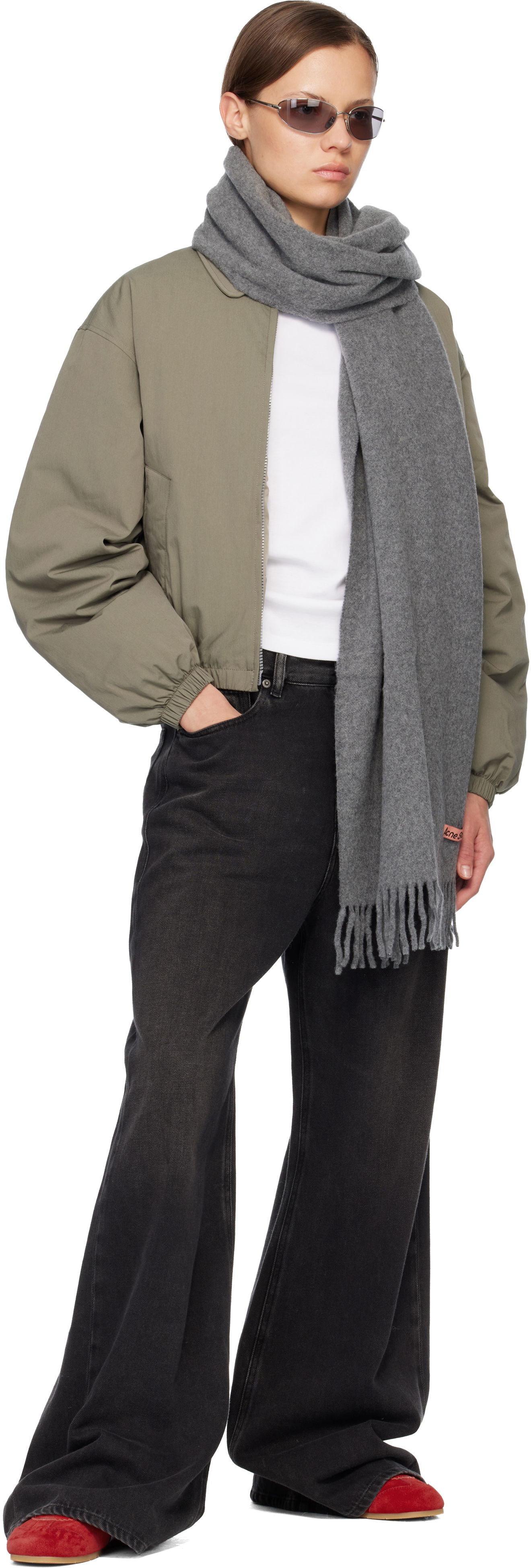 ACNE STUDIOS Gray Narrow Fringe Wool Scarf | endource