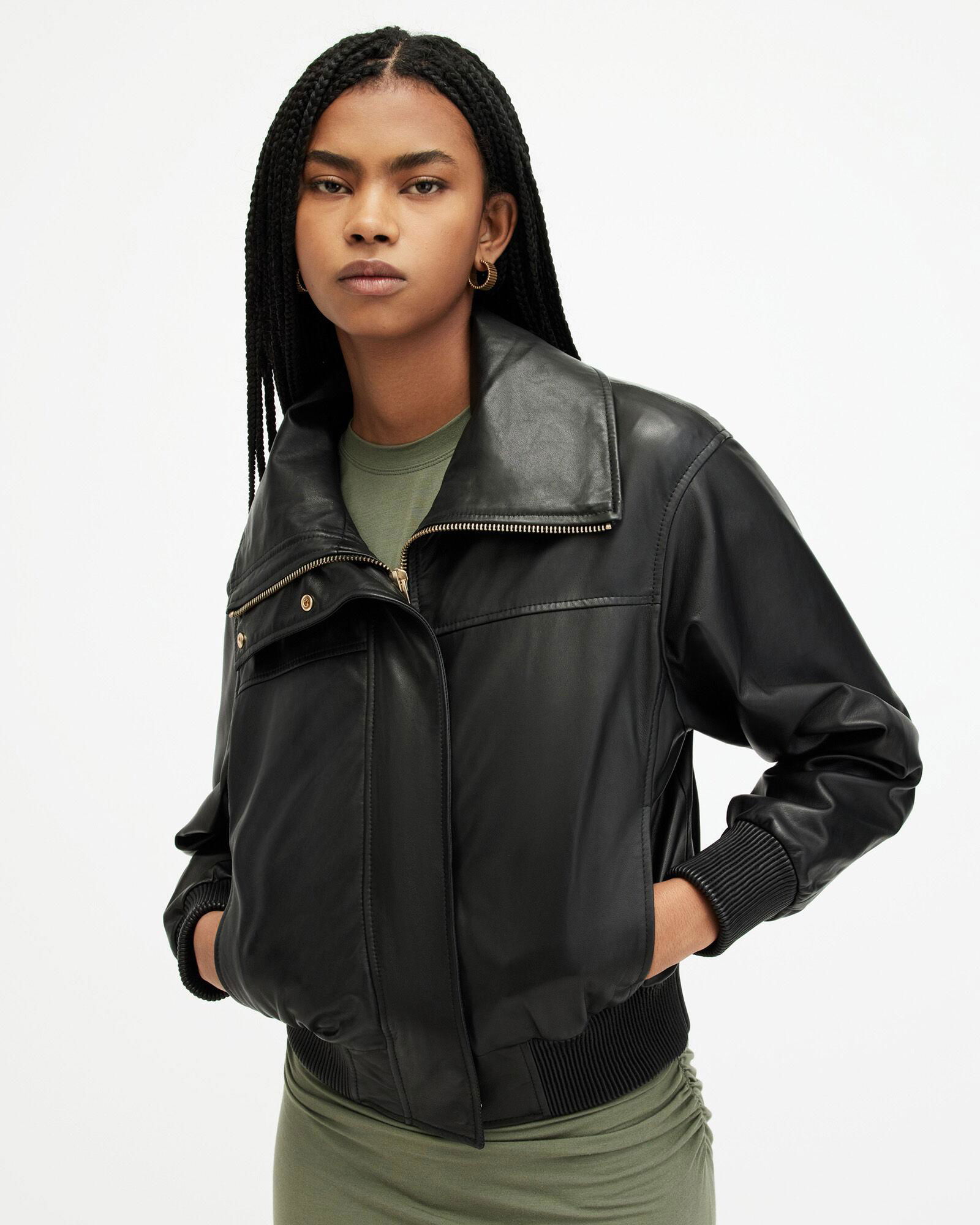 ALLSAINTS Etta Funnel Neck Leather Bomber Jacket in Black | Endource