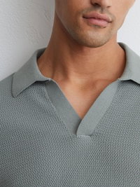 REISS Leon Cotton-Blend Basket-Stitch Open-Collar Polo In Sage | endource