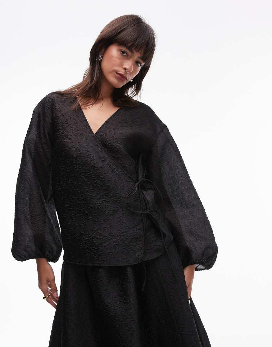 ARKET Wrap Front Brocade Blouse With Puff Sleeves And Bow Detail | endource