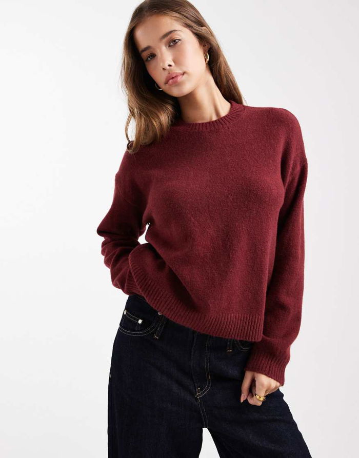 MANGO Teen Crew Neck Knitted Jumper In Burgundy | endource