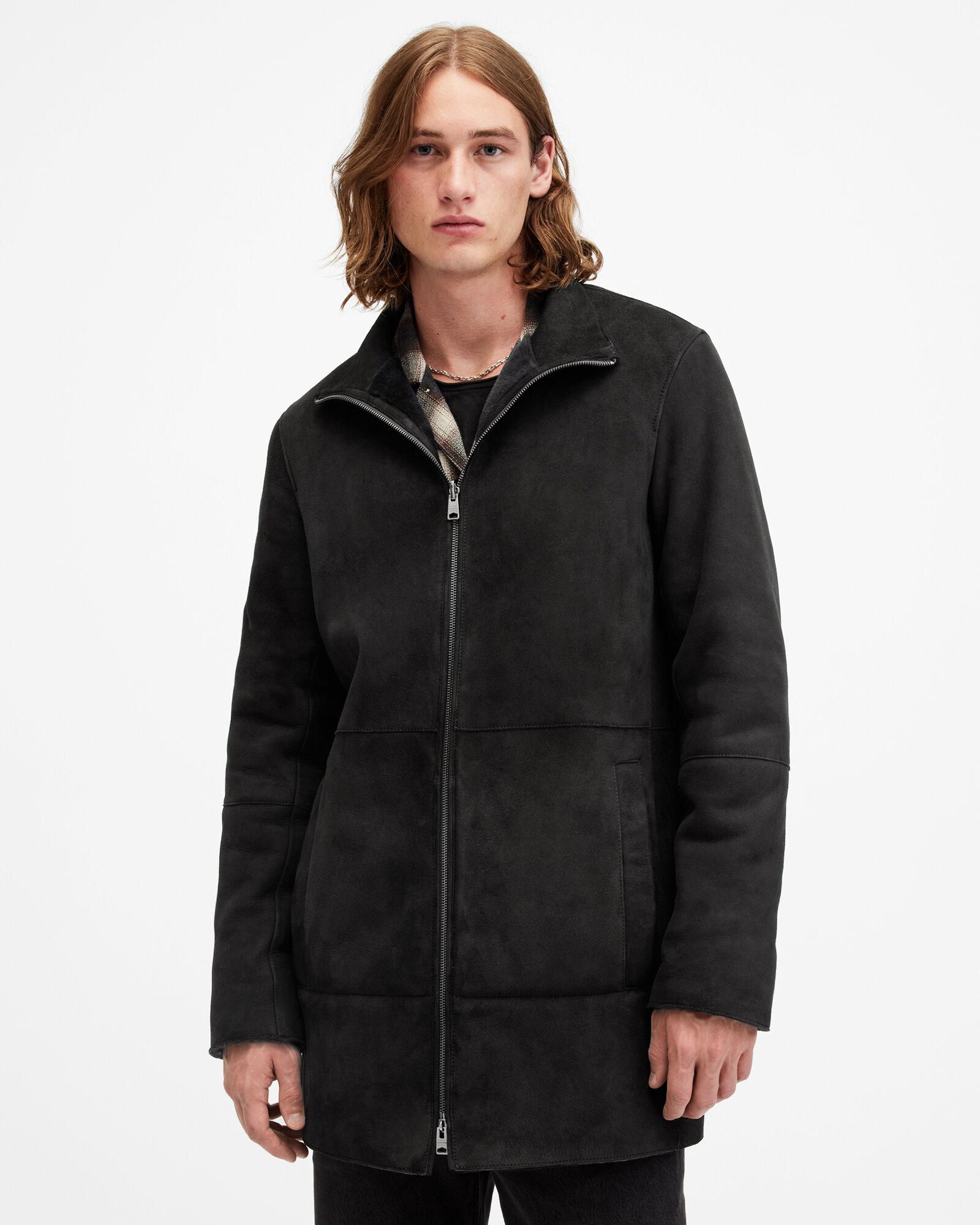 ALLSAINTS Stride Funnel Neck Shearling Coat in Twilight Black | endource