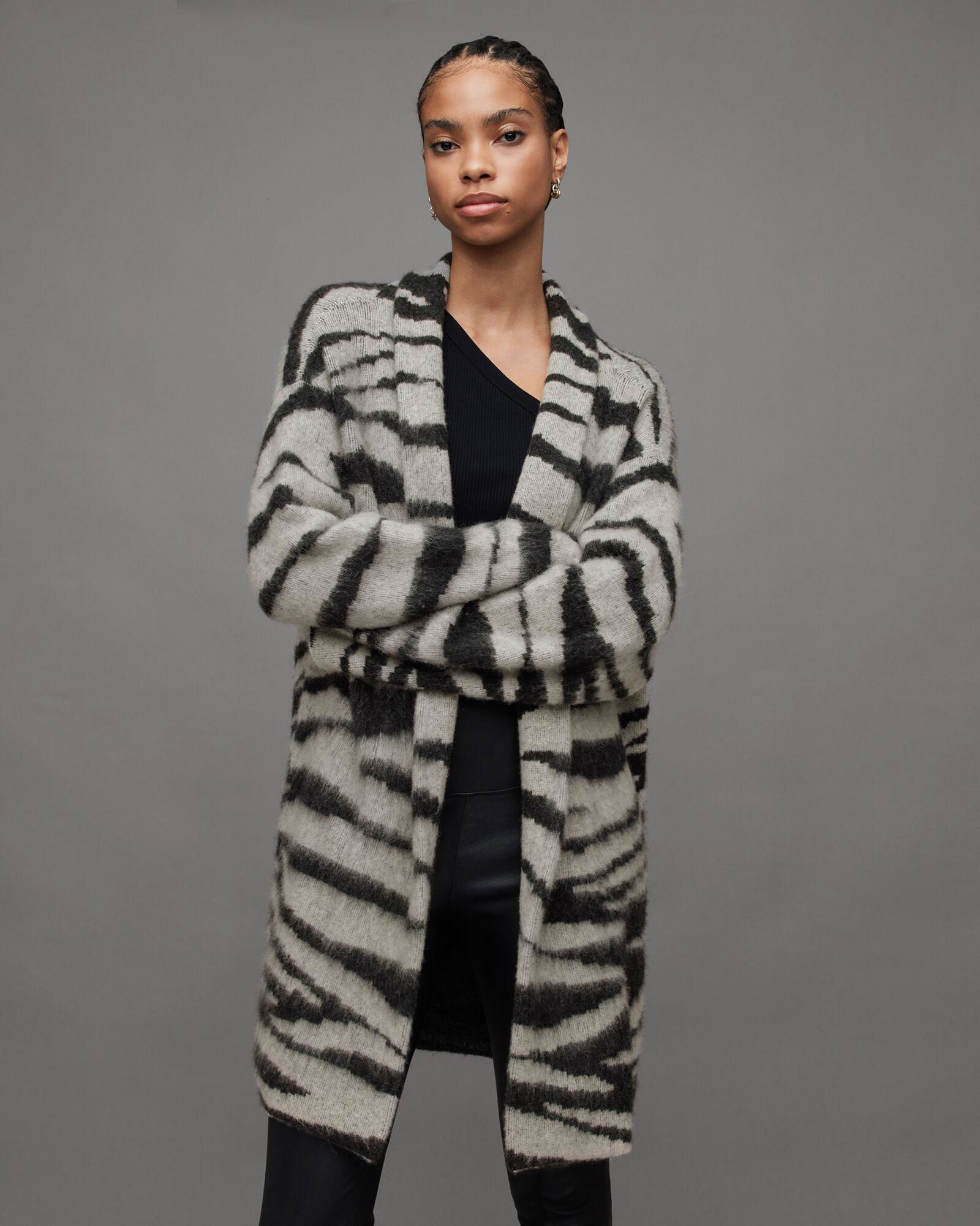 ALLSAINTS Tessa Tiger Stripe Heavyweight Cardigan in CHLK WHITE/CHRCOAL ...