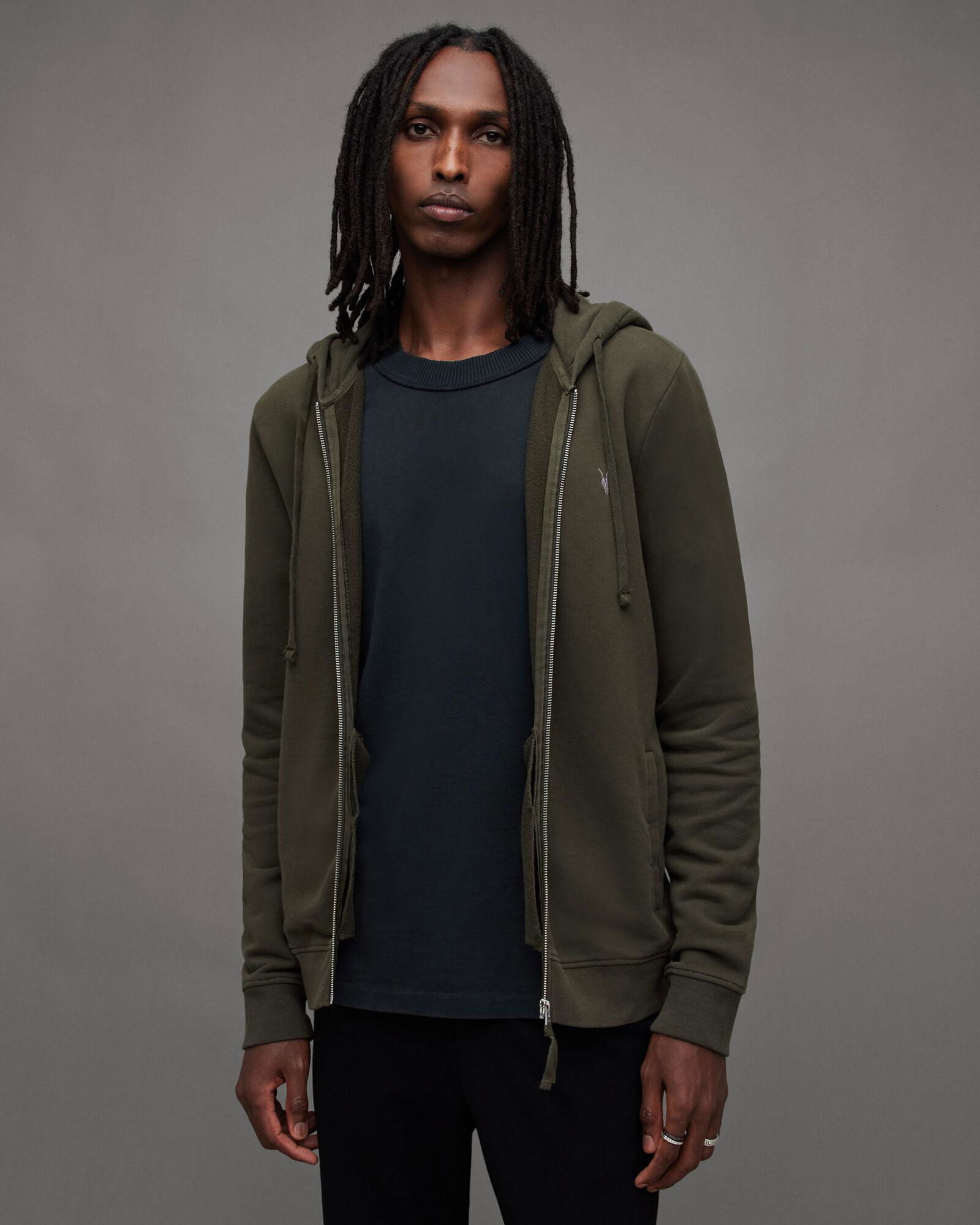 Allsaints Raven Zip Up Ramskull Hoodie In Rye Grass Green Endource