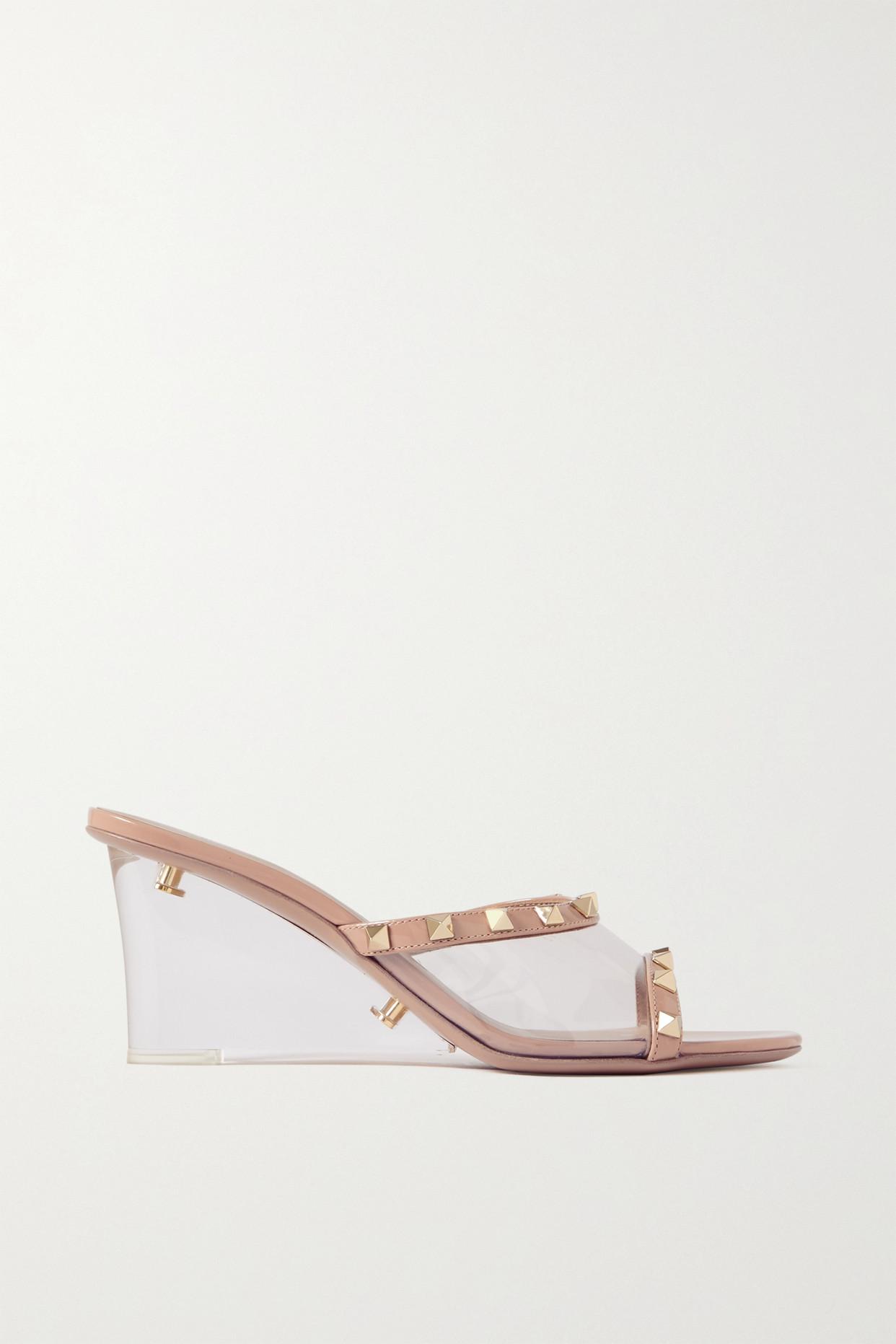 VALENTINO GARAVANI Rockstud Leather-Trimmed PVC Wedge Mules | endource