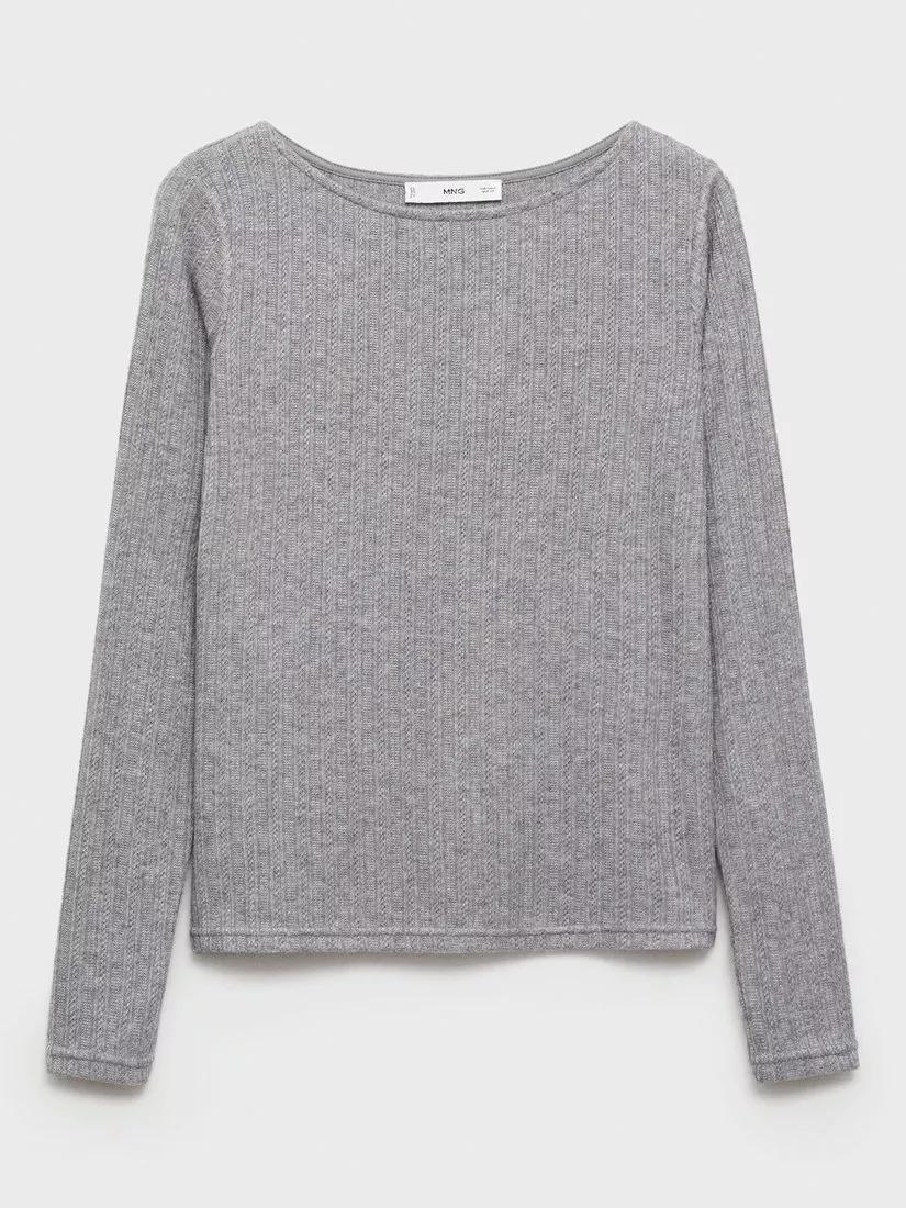 MANGO Pointelle Long Sleeve Top in Medium Grey | endource