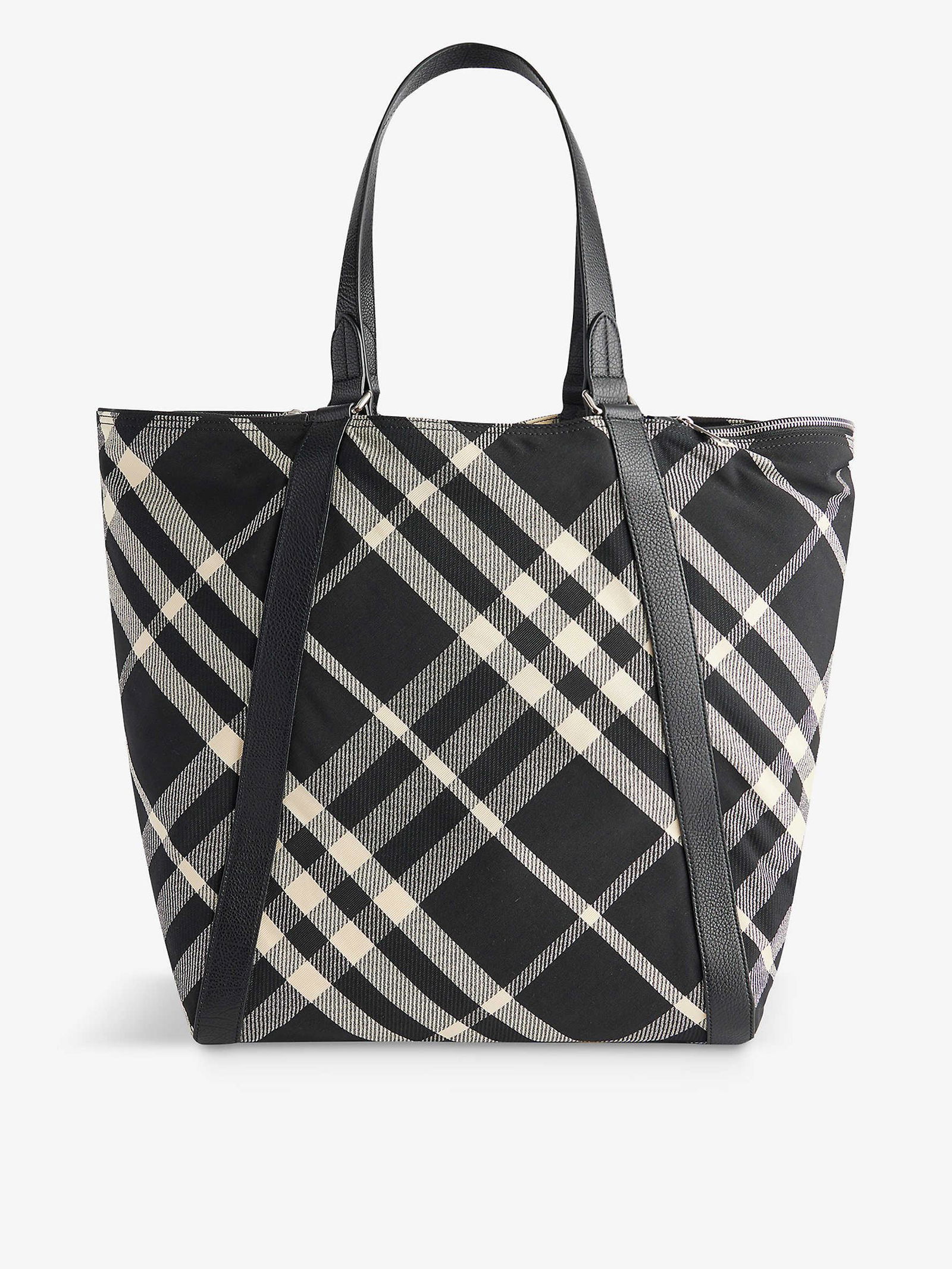 BURBERRY Festival Check-Print Woven Tote Bag in Black/calico | endource