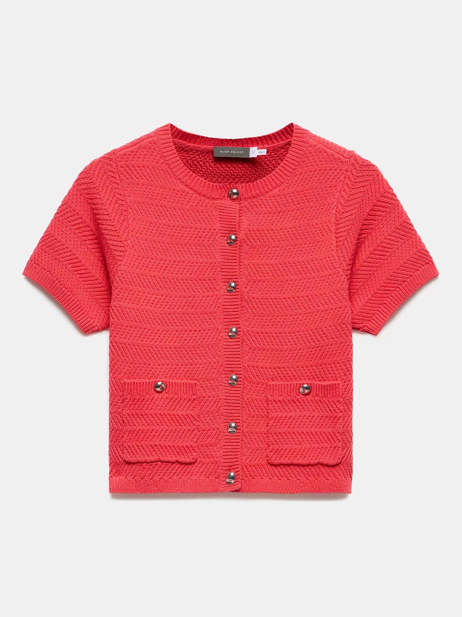 MINT VELVET Textured Button Top in Red | endource