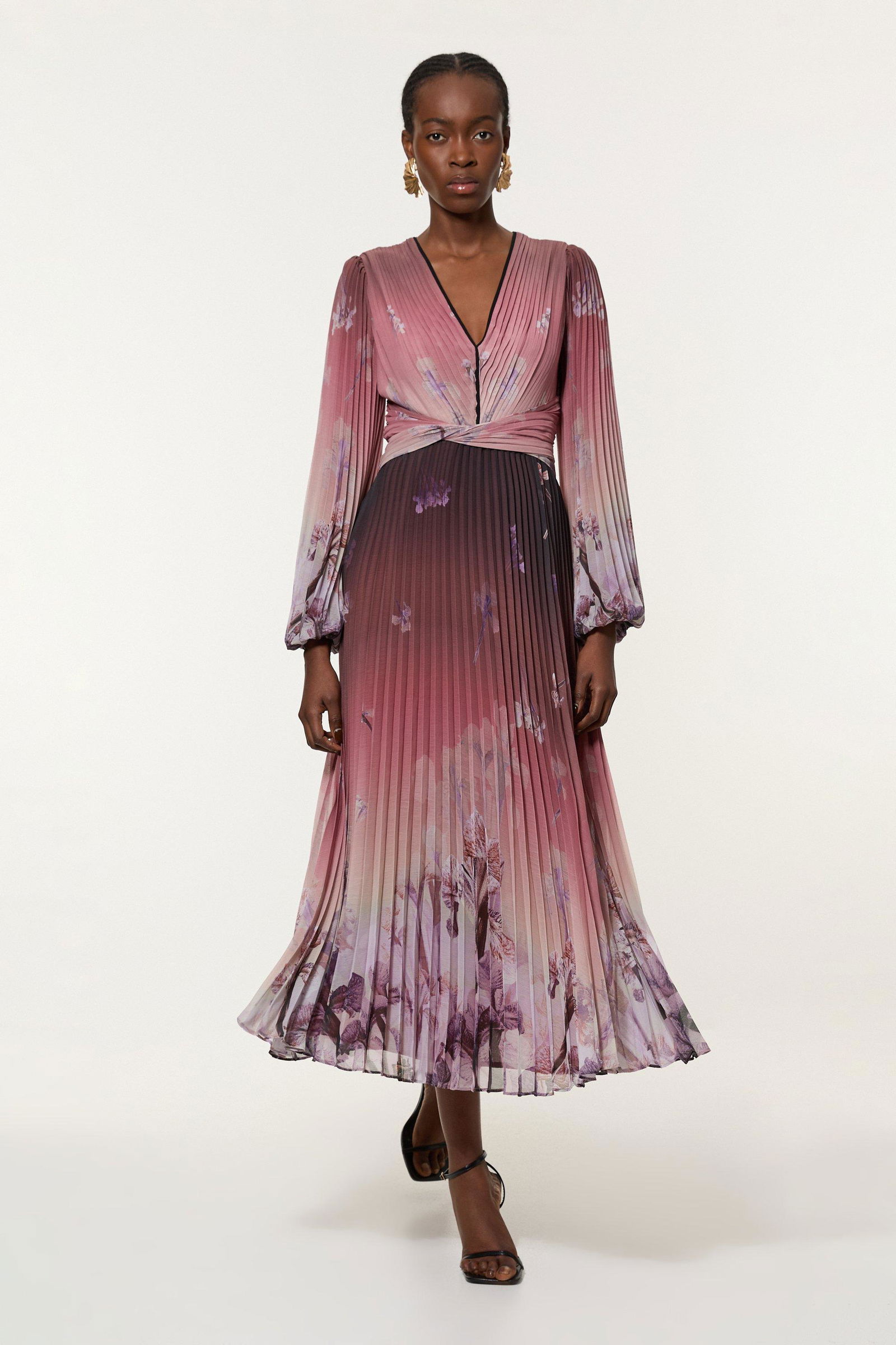 KAREN MILLEN Petite Crinkle Pleat Border Floral Balloon Sleeve Woven ...