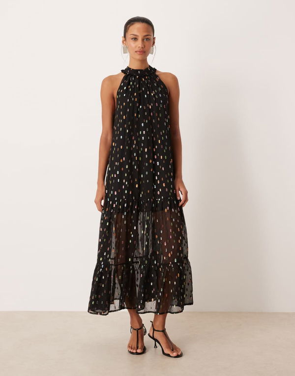 SISTER JANE Odyssey Chiffon Metallic Spot High Neck Sheer Skirt Maxi ...