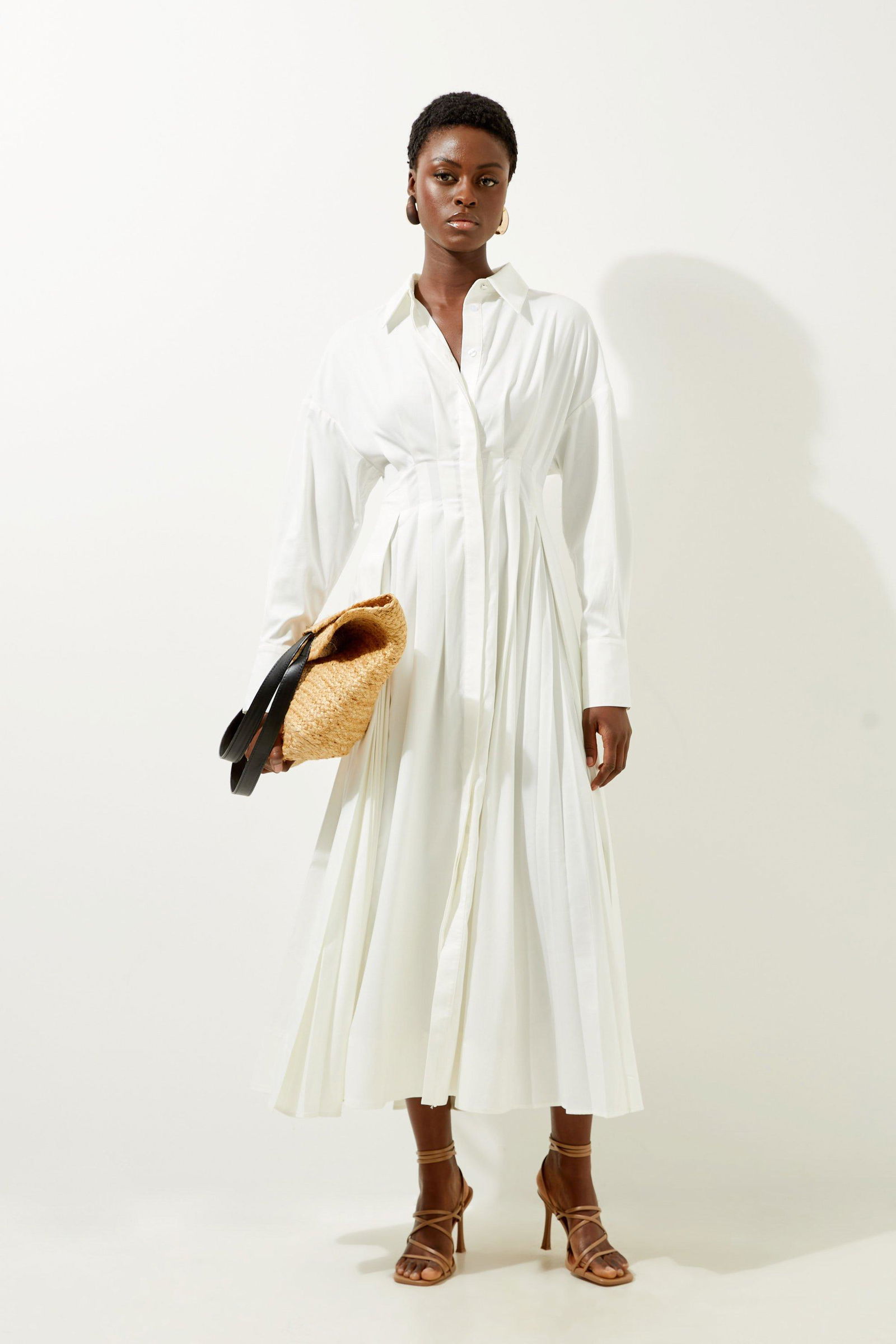 KAREN MILLEN Cotton Poplin Woven Pleated Maxi Dress in White | endource