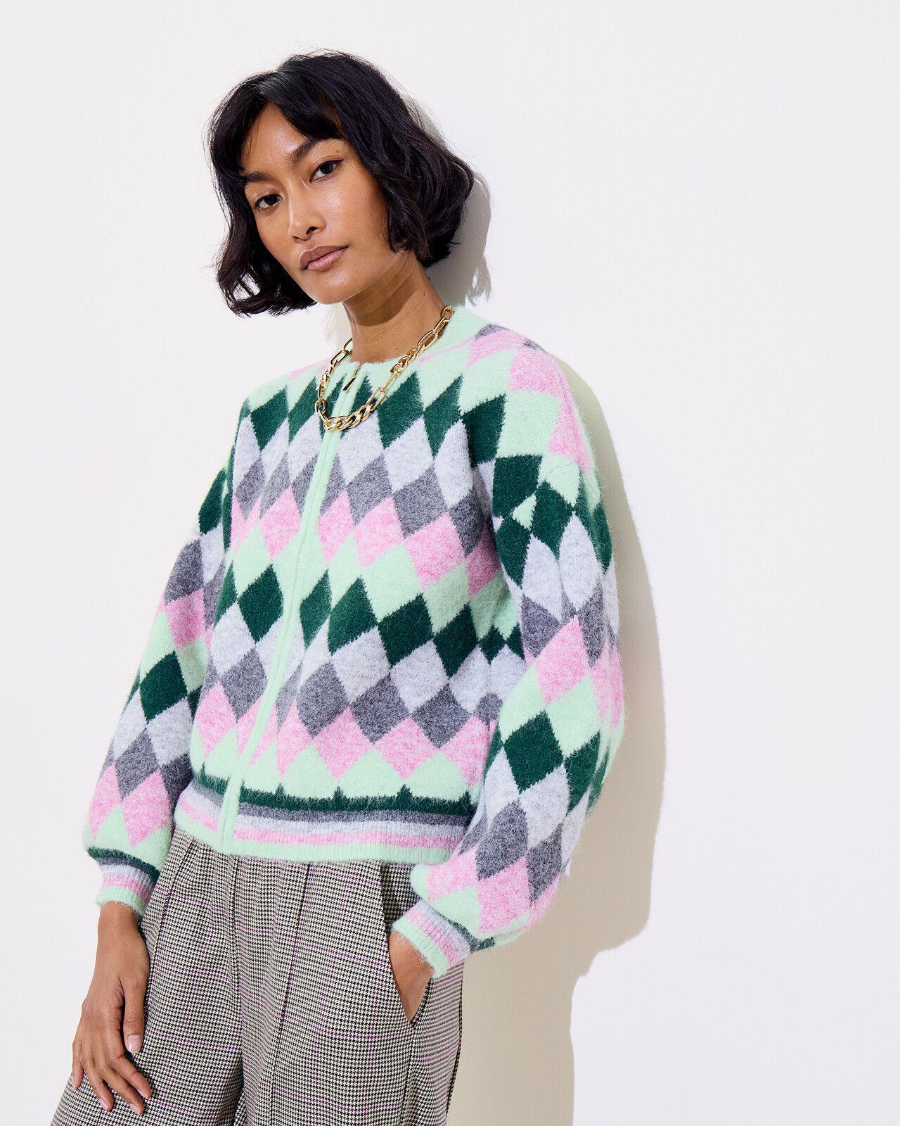 OLIVER BONAS Diamond Knitted Bomber Jacket in Green | endource
