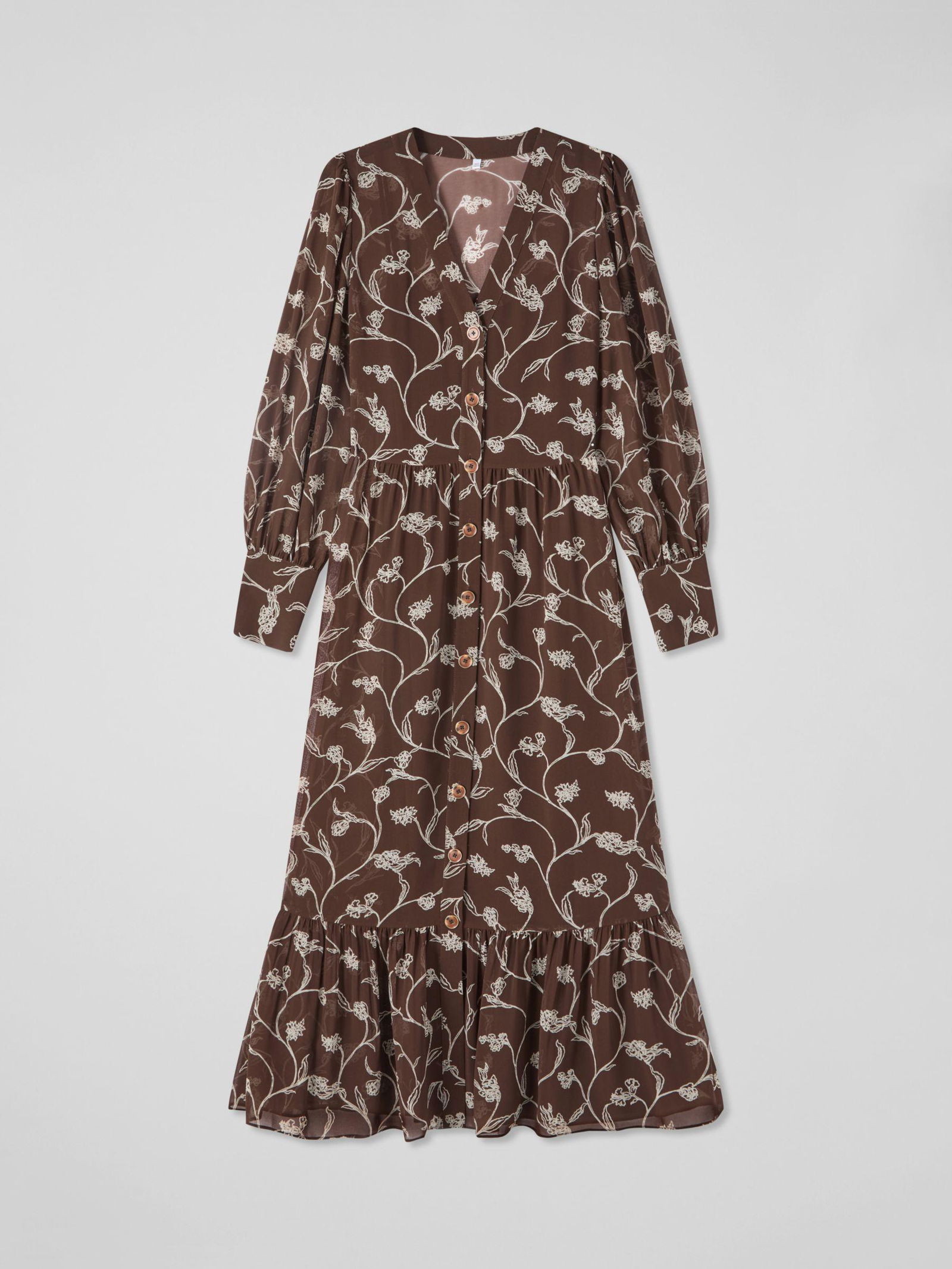 L.K. BENNETT Lucian Flower Print Tiered Dress in Brown/Multi | endource