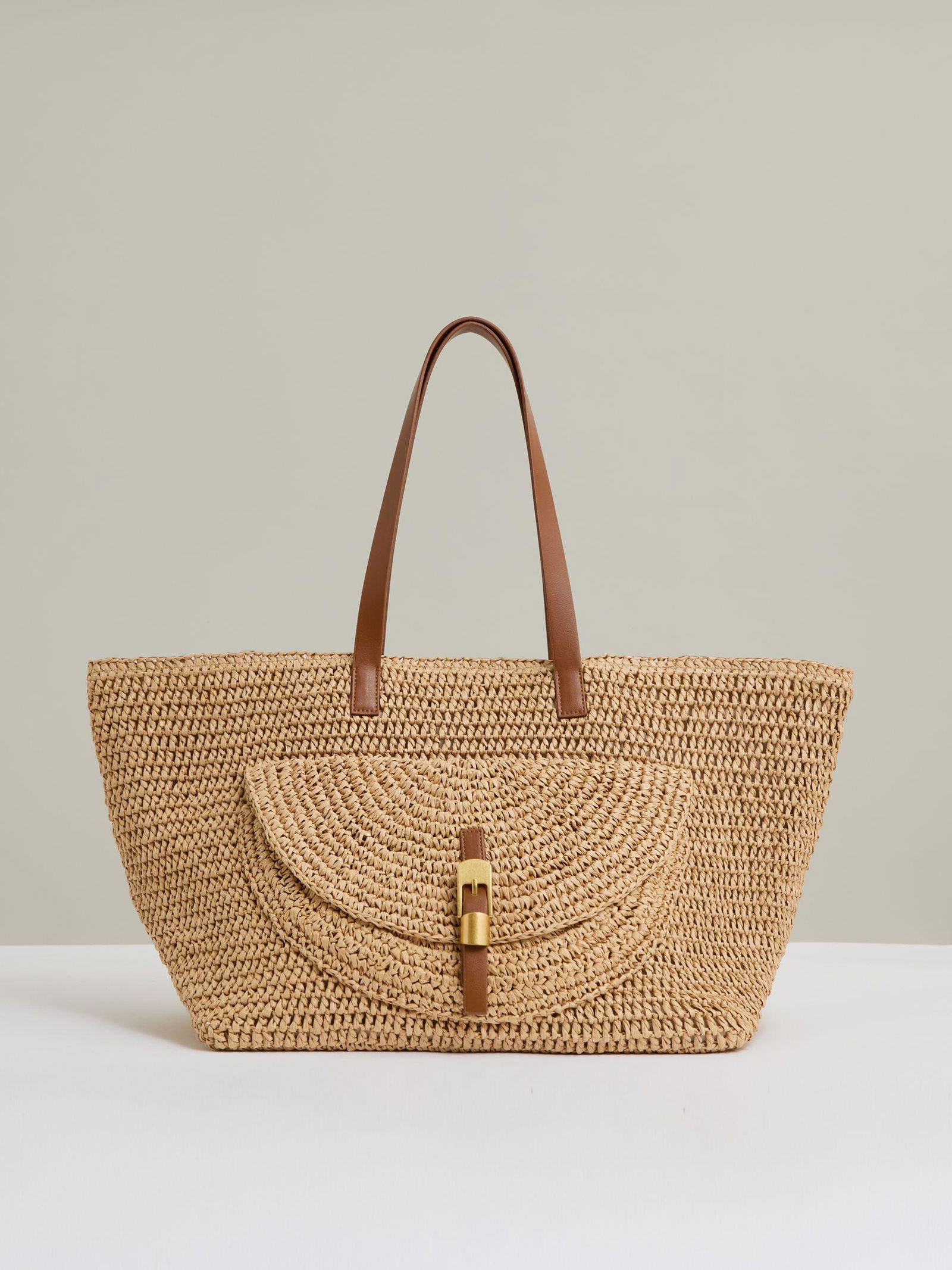REISS Aurora Flap-Pocket Raffia Tote Bag in Natural | endource