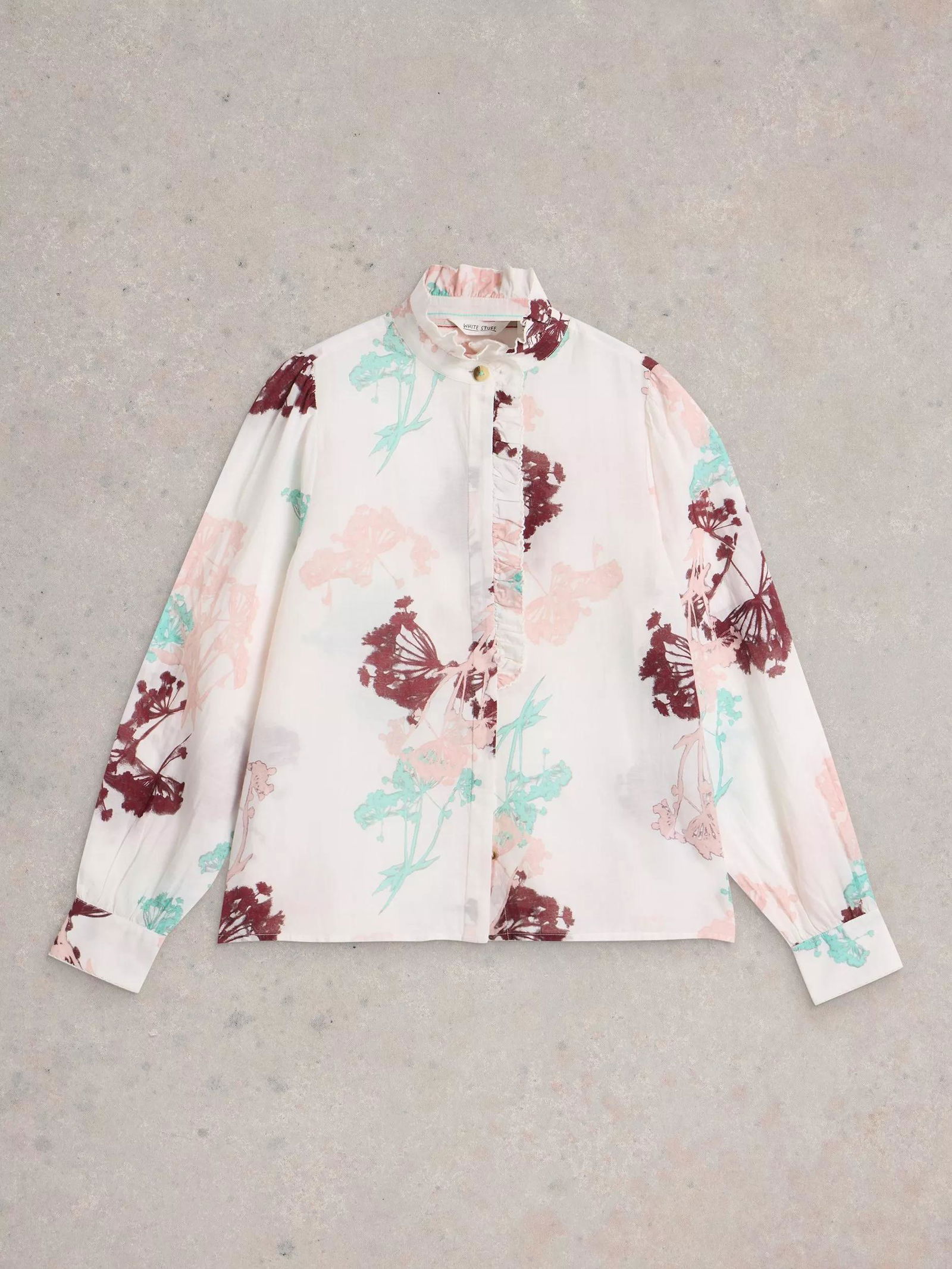 WHITE STUFF Pauline Frill Neck Organic Cotton Rich Top in Ivory/Multi ...