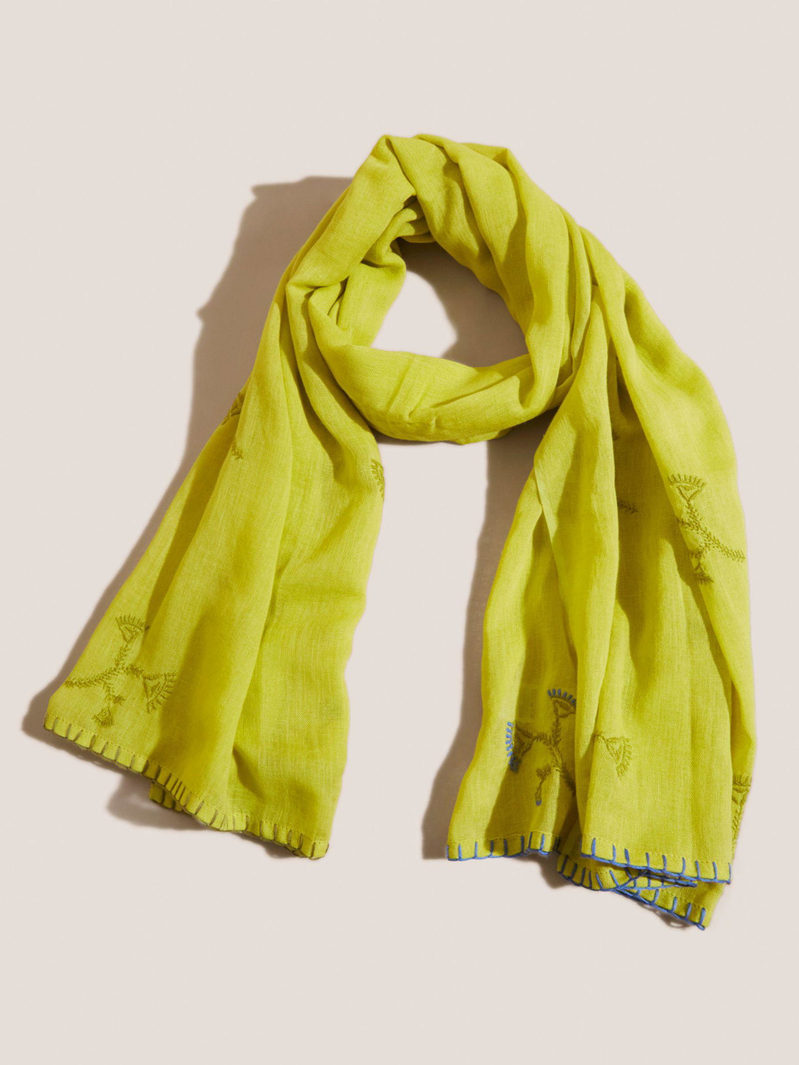 WHITE STUFF Floral Embroidered Linen Blend Scarf in Light Green | Endource
