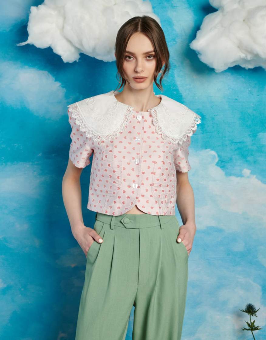 SISTER JANE Heart Print Collar Top On Pink | endource