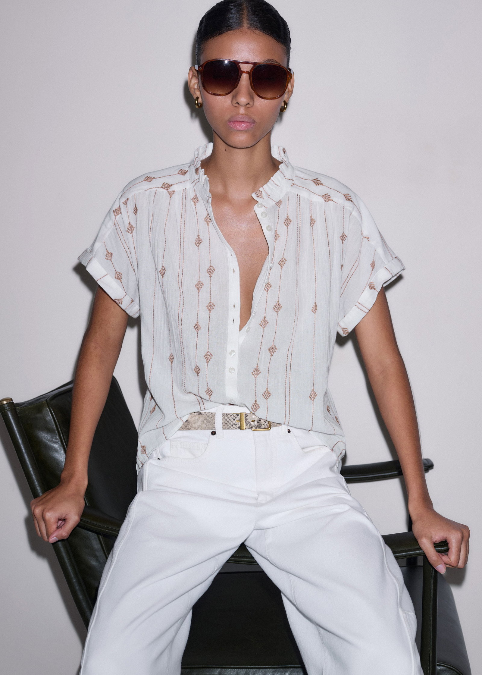 ME+EM Cotton Geo Leaves Embroidery Blouse | endource