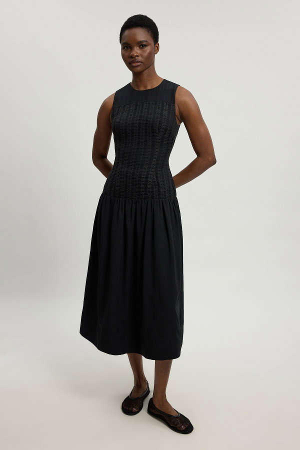 KAREN MILLEN Petite Textured Drop Waist Long Sleeve Woven Midi Dress ...