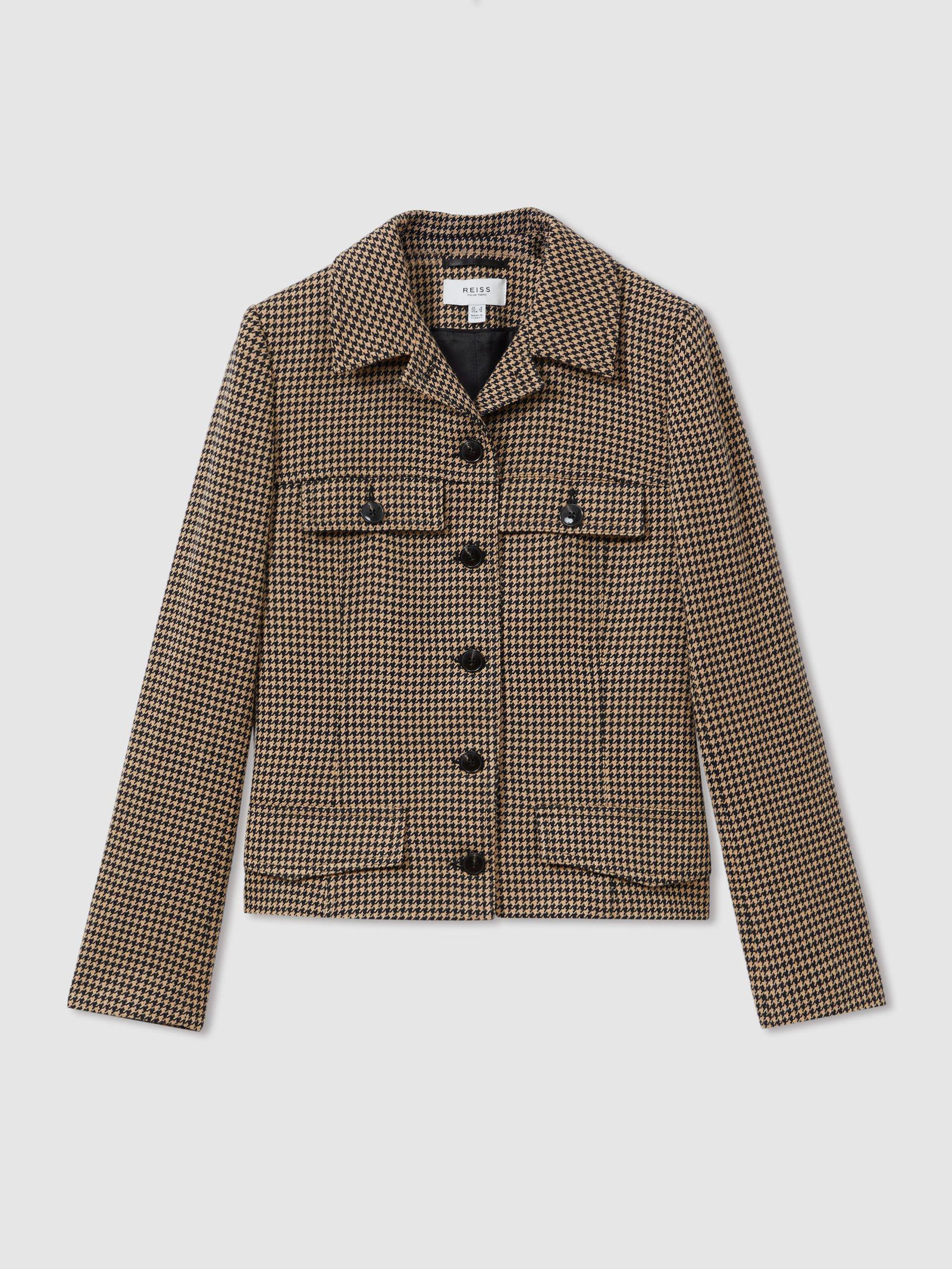 REISS Dogtooth Check Collared Jacket in Black/Camel | Endource