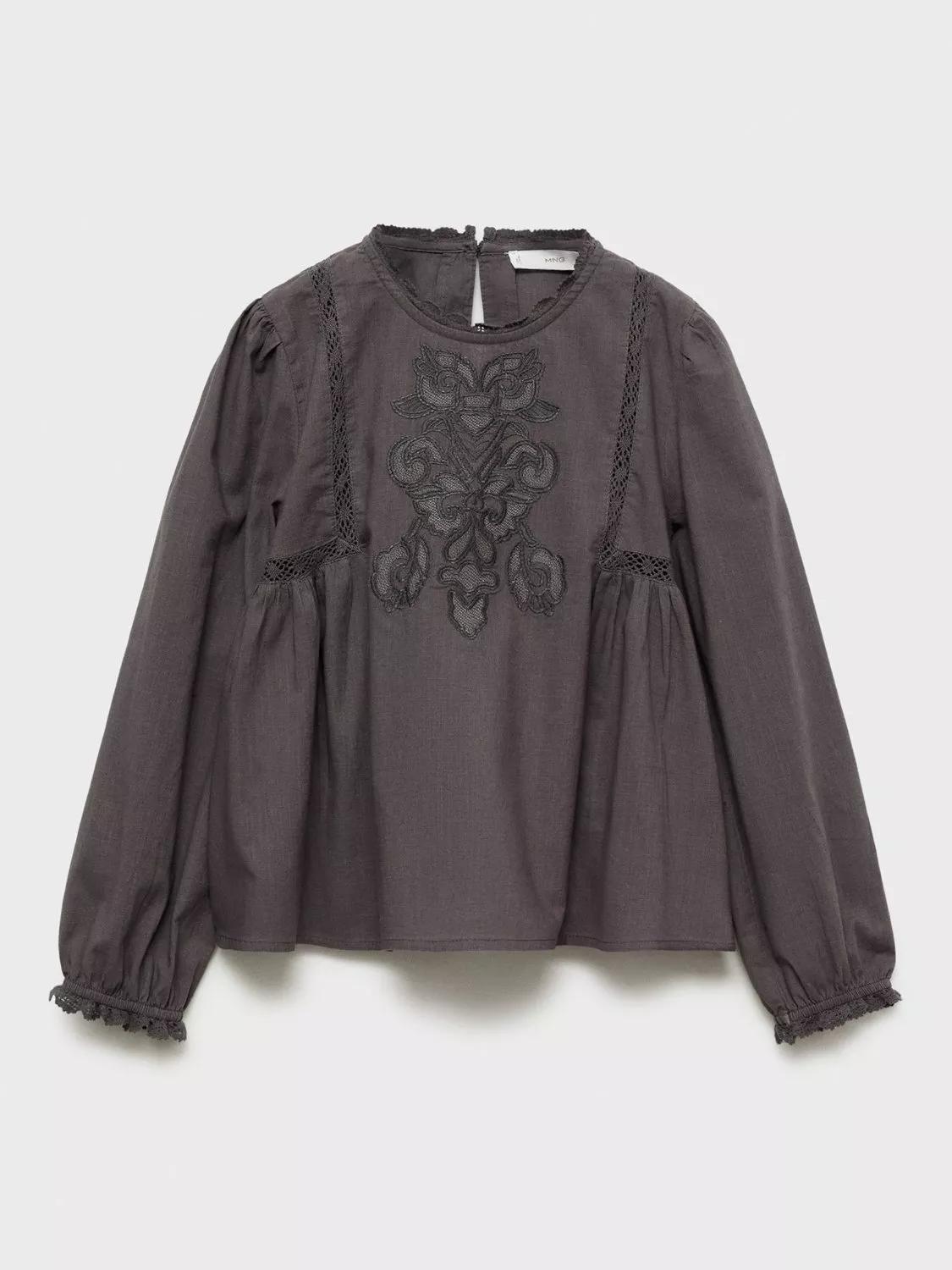 MANGO Valeria Embroidered Cotton Blouse in Charcoal | endource