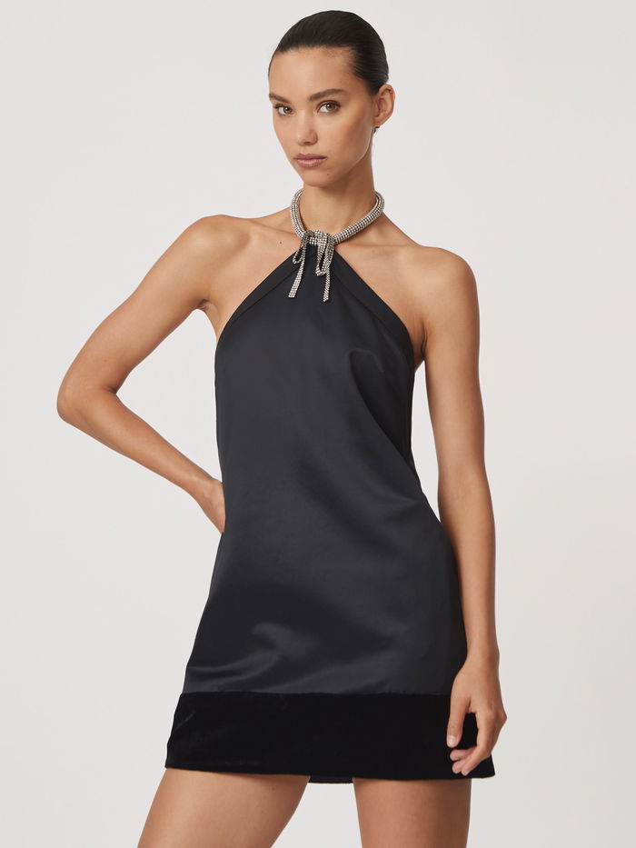 REISS Satin Crystal-Necklace Mini Dress In Black | endource