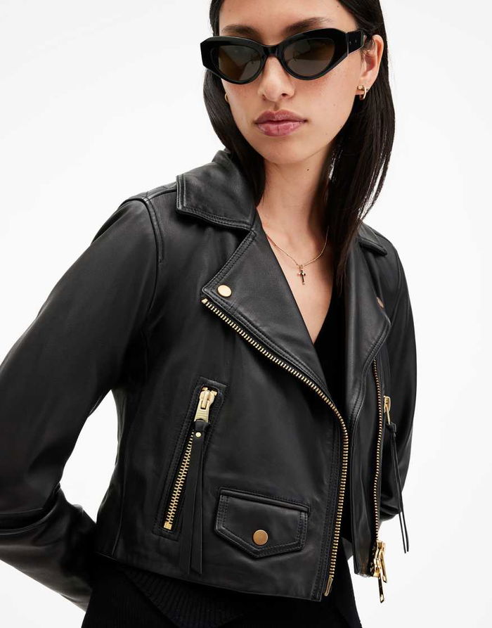 ALLSAINTS Elora Crop Leather Biker Jacket In Black | endource