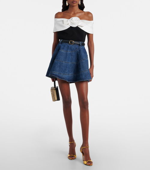 SELF-PORTRAIT Floral-Appliqué Off-Shoulder Crêpe Top | endource