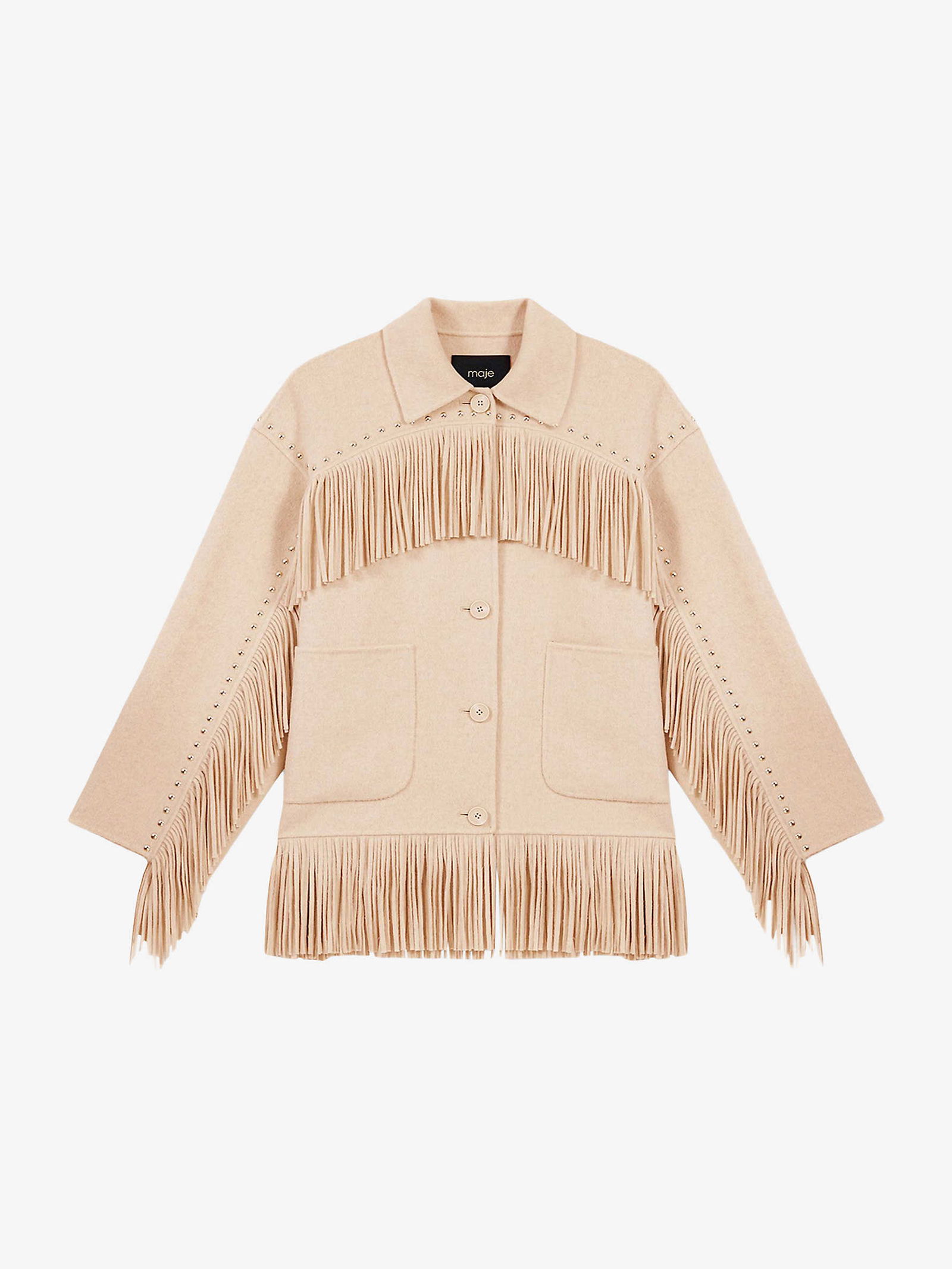 MAJE Fringe-Trim Brushed Wool-Blend Coat in NATURELS | endource