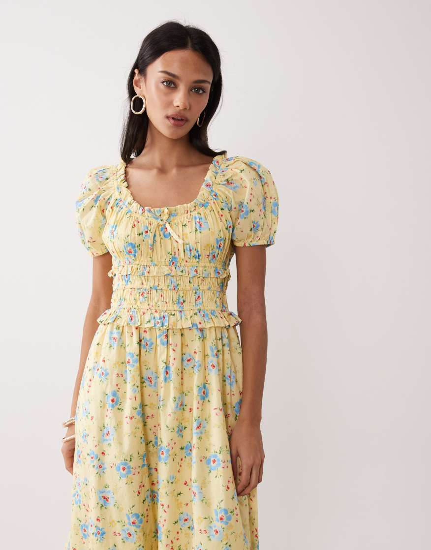 NOBODY'S CHILD Ariel Milkmaid Midi Dress In Lemon Floral Print | endource