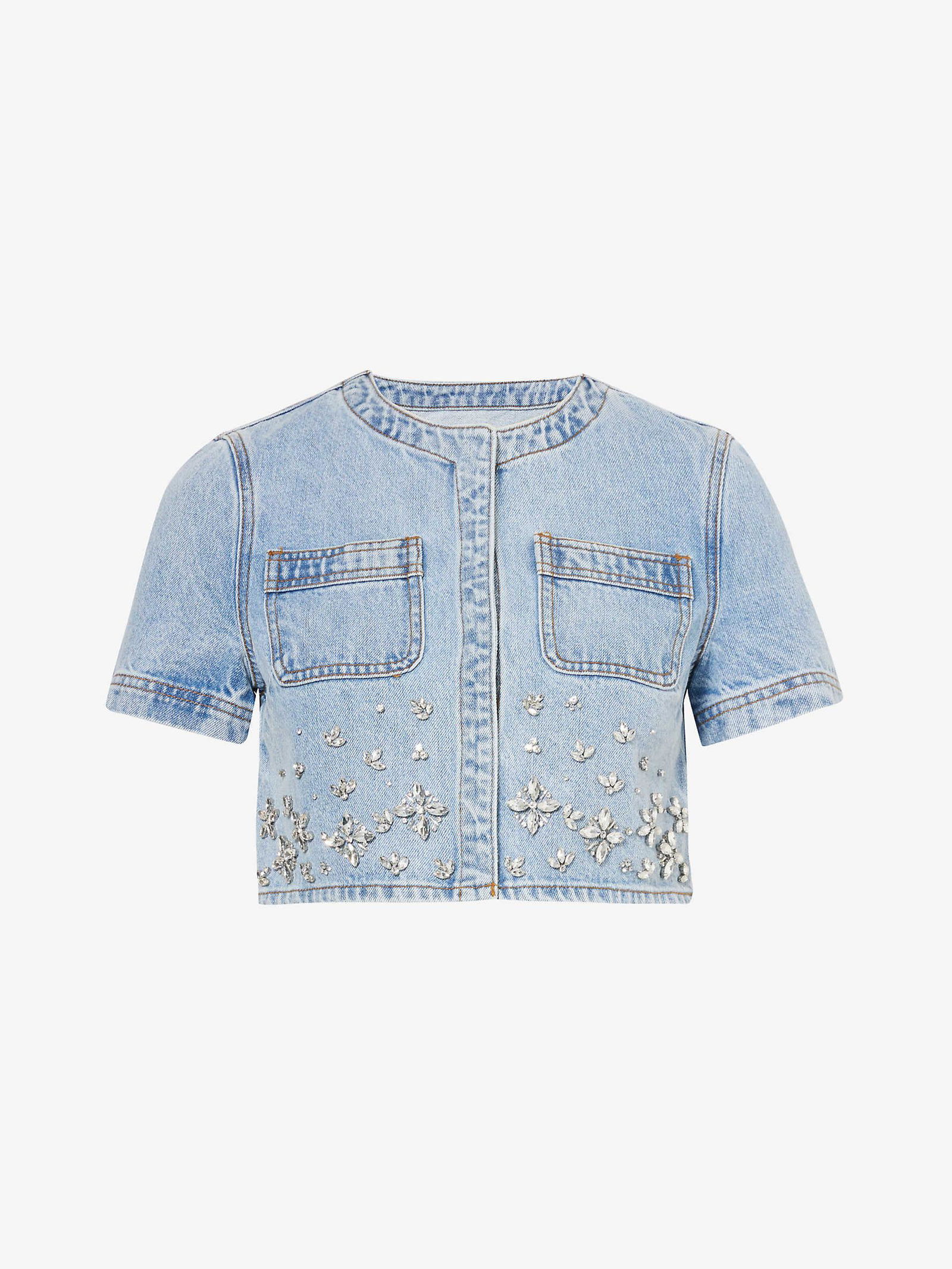 SELF-PORTRAIT Crystal-Embellished Cropped Denim Top in LIGHT BLUE ...