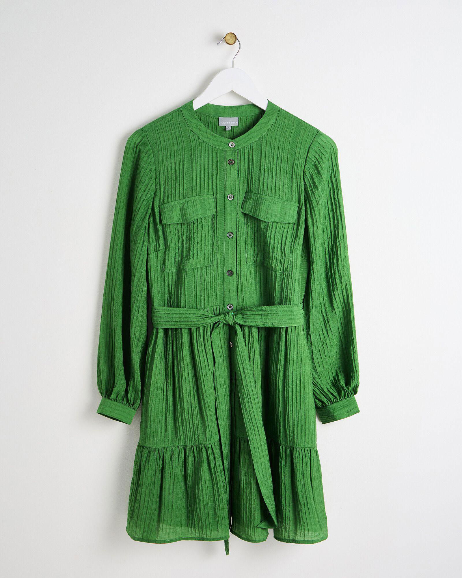 OLIVER BONAS Textured Button Through Tiered Mini Dress in Green | endource