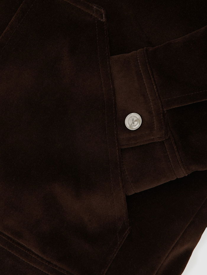 REISS Velvet Press-Stud Trucker Jacket In Chocolate Brown | endource
