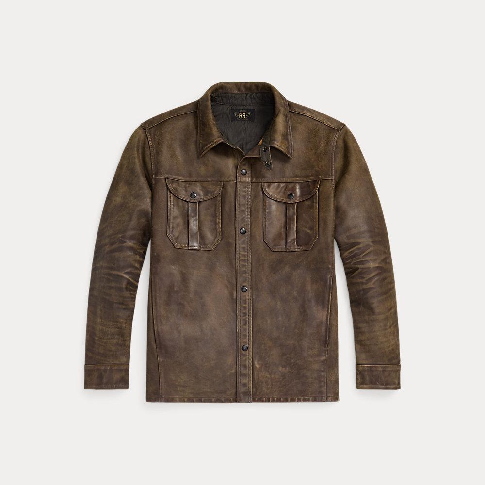 RALPH LAUREN RRL Hand-Distressed Leather Overshirt in Black | endource