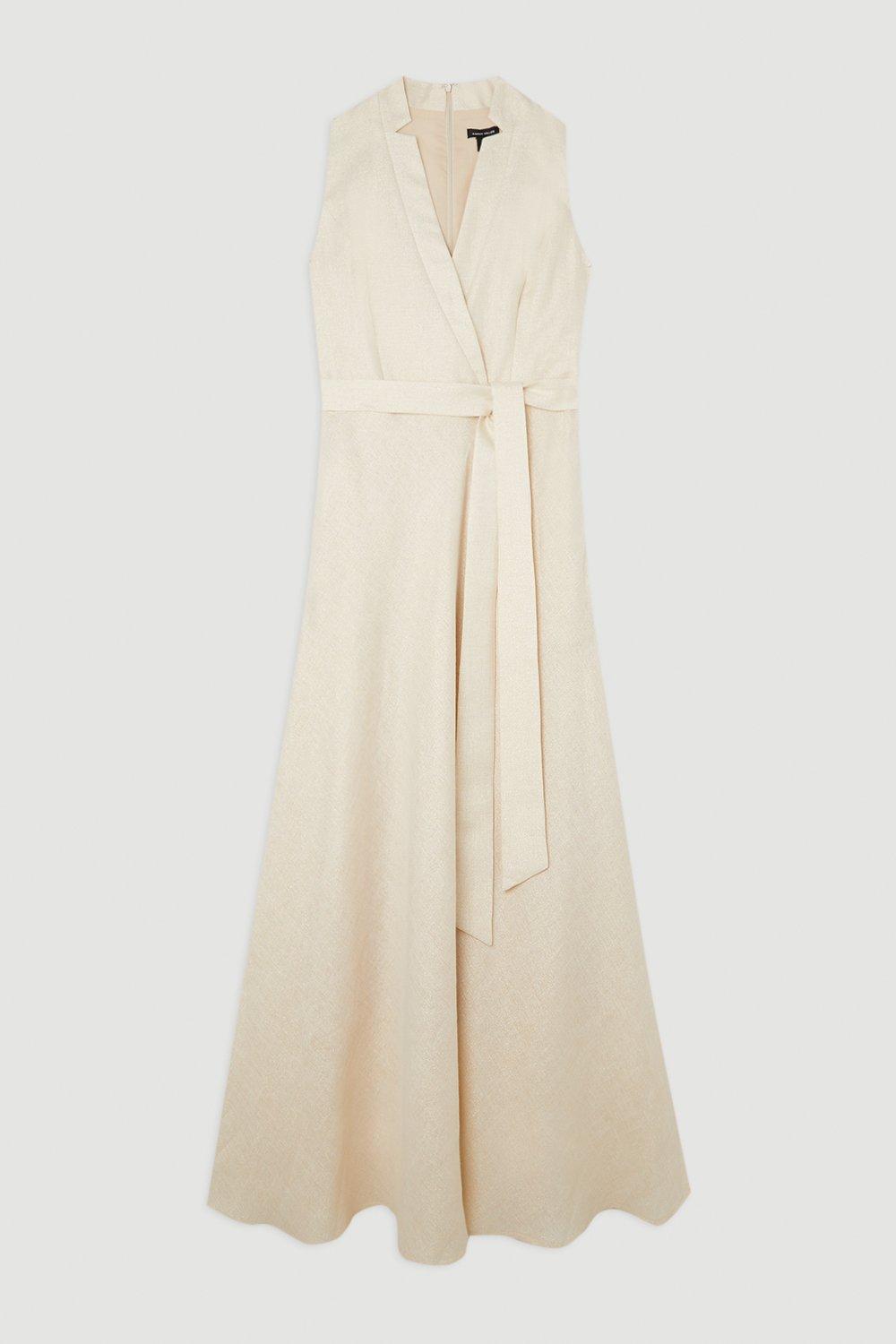 KAREN MILLEN Tailored Linen Metallic Notch Neck Maxi Dress | endource