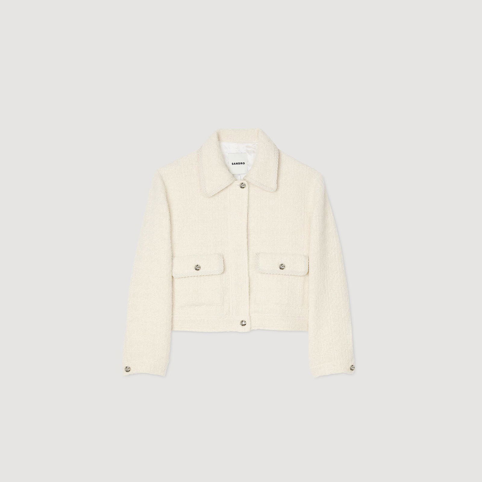 SANDRO Cropped Tweed Jacket in Ecru | endource
