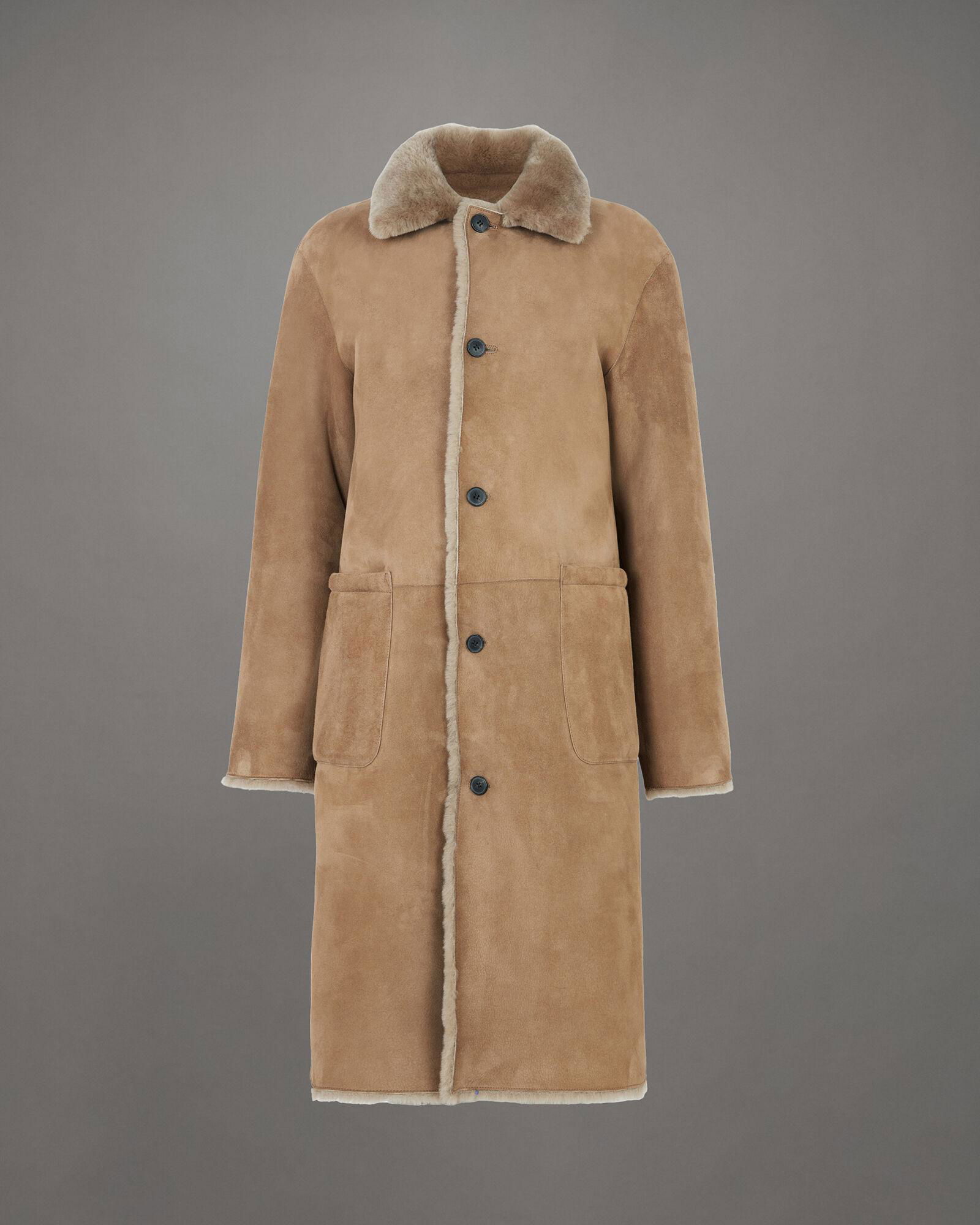 ALLSAINTS Serra 2-In-1 Reversible Shearling Coat in Taupe Brown | endource