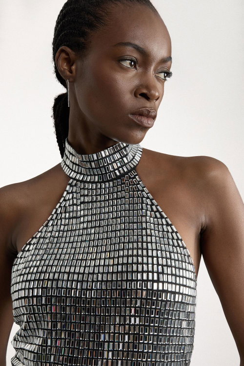 KAREN MILLEN Premium Crystal Embellished Jersey Halter Top | endource