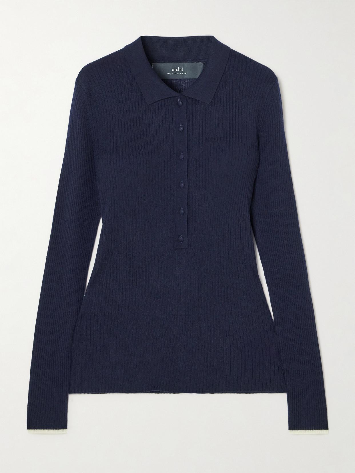 ARCH4 Maja Ribbed Organic Cashmere Polo Shirt in Blue | endource