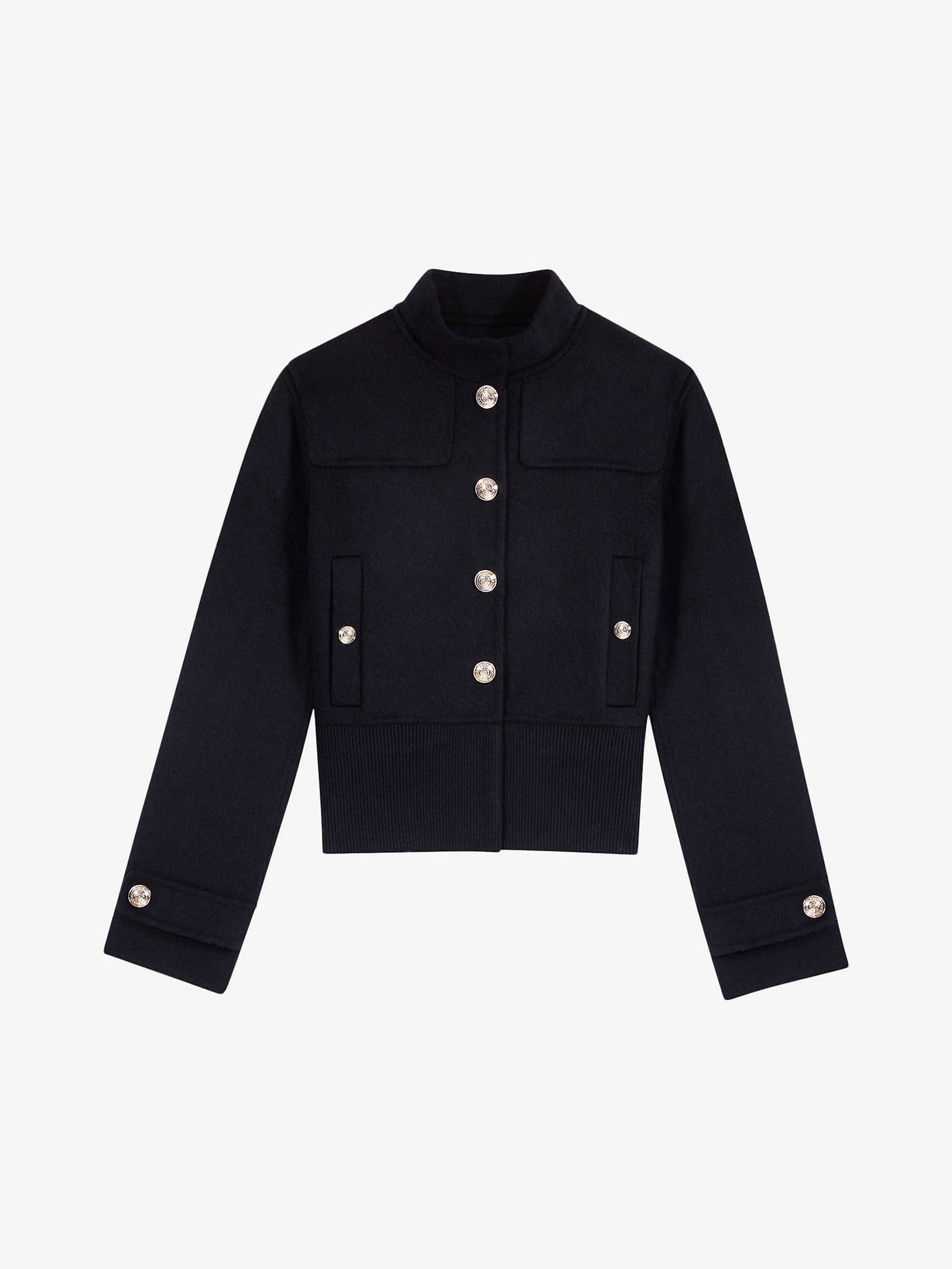 MAJE Funnel-Neck Button-Down Jacket in Noir / Gris | endource