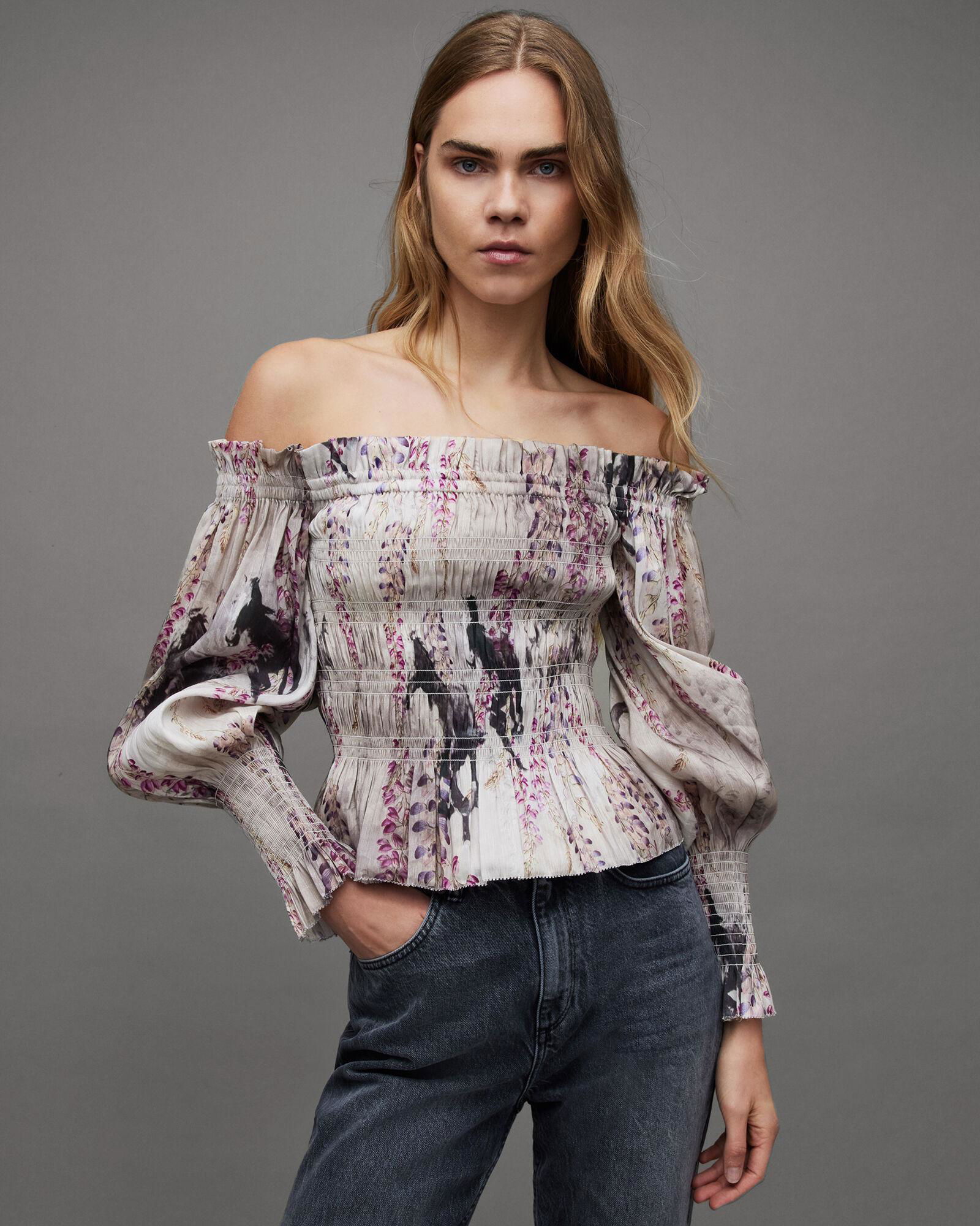 ALLSAINTS Lara Dionne Floral Silk Linen Top in Sky Grey | endource