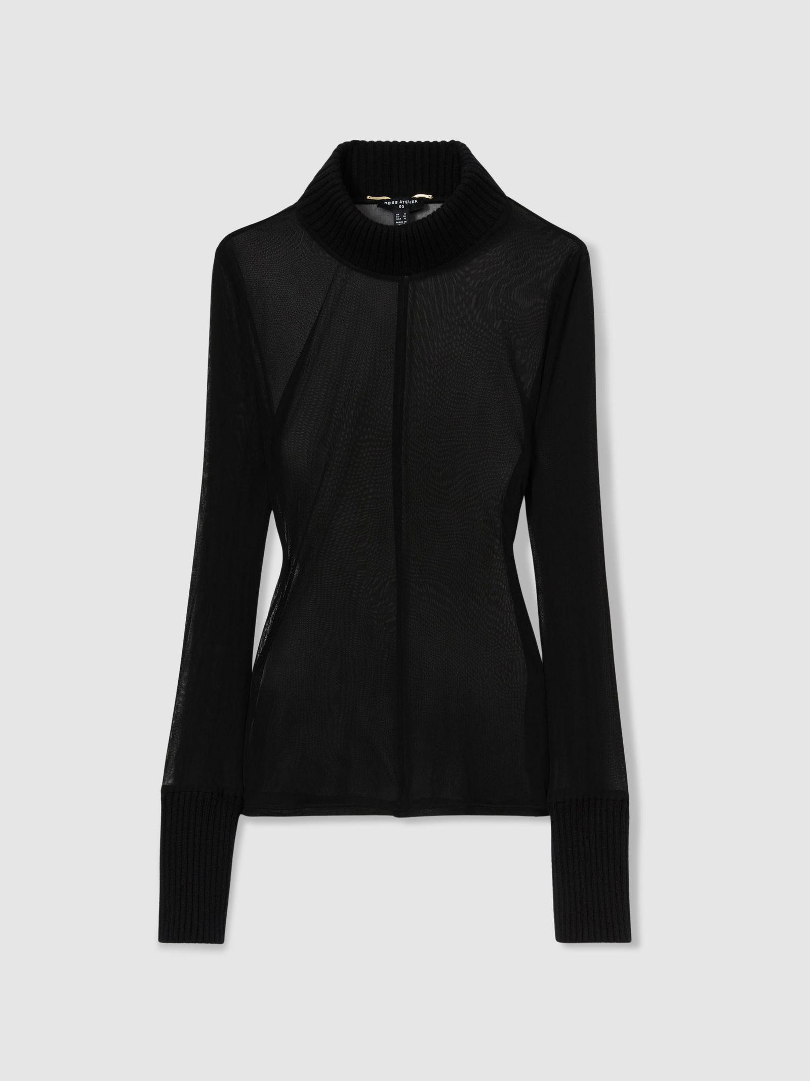 REISS Atelier Sheer-Jersey Funnel-Neck Top in Black | endource