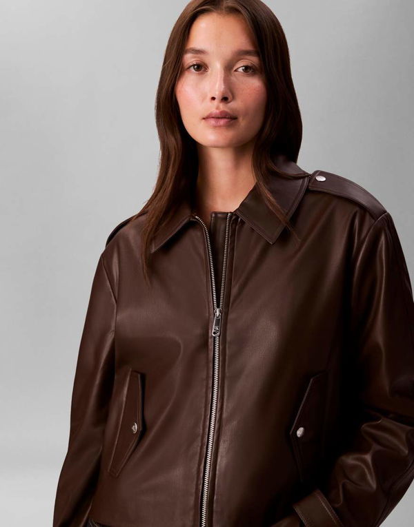 CALVIN KLEIN Jeans Leather Moto Jacket In Chocolate Brown | endource