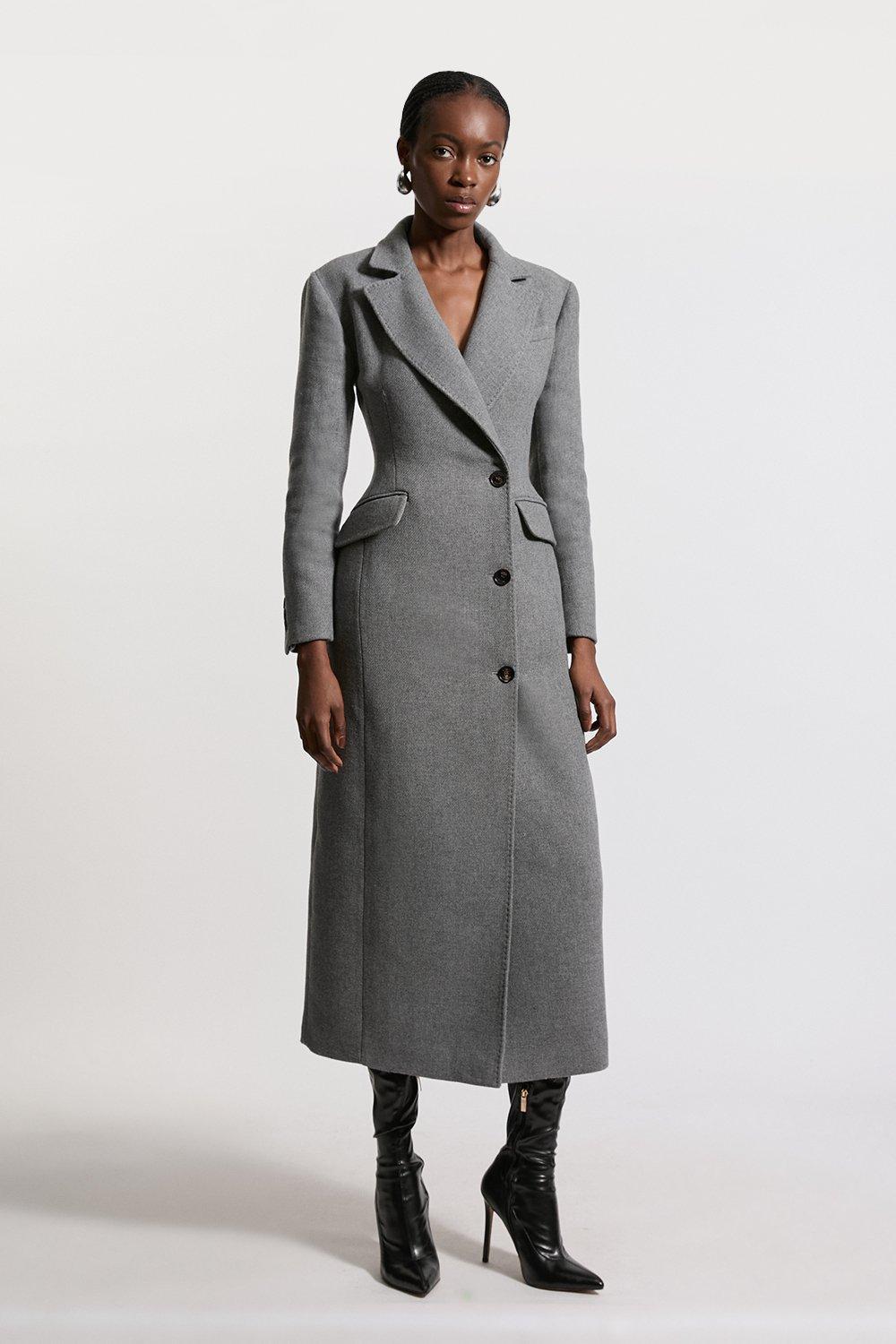 KAREN MILLEN Italian Wool Mix Tailored Fitted Maxi Coat in Grey | endource