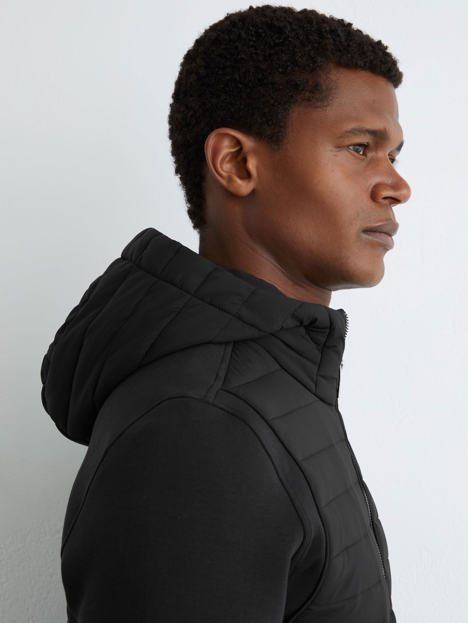 REISS Quilted Hybrid Hooded Zip-Front Jacket In Black | endource