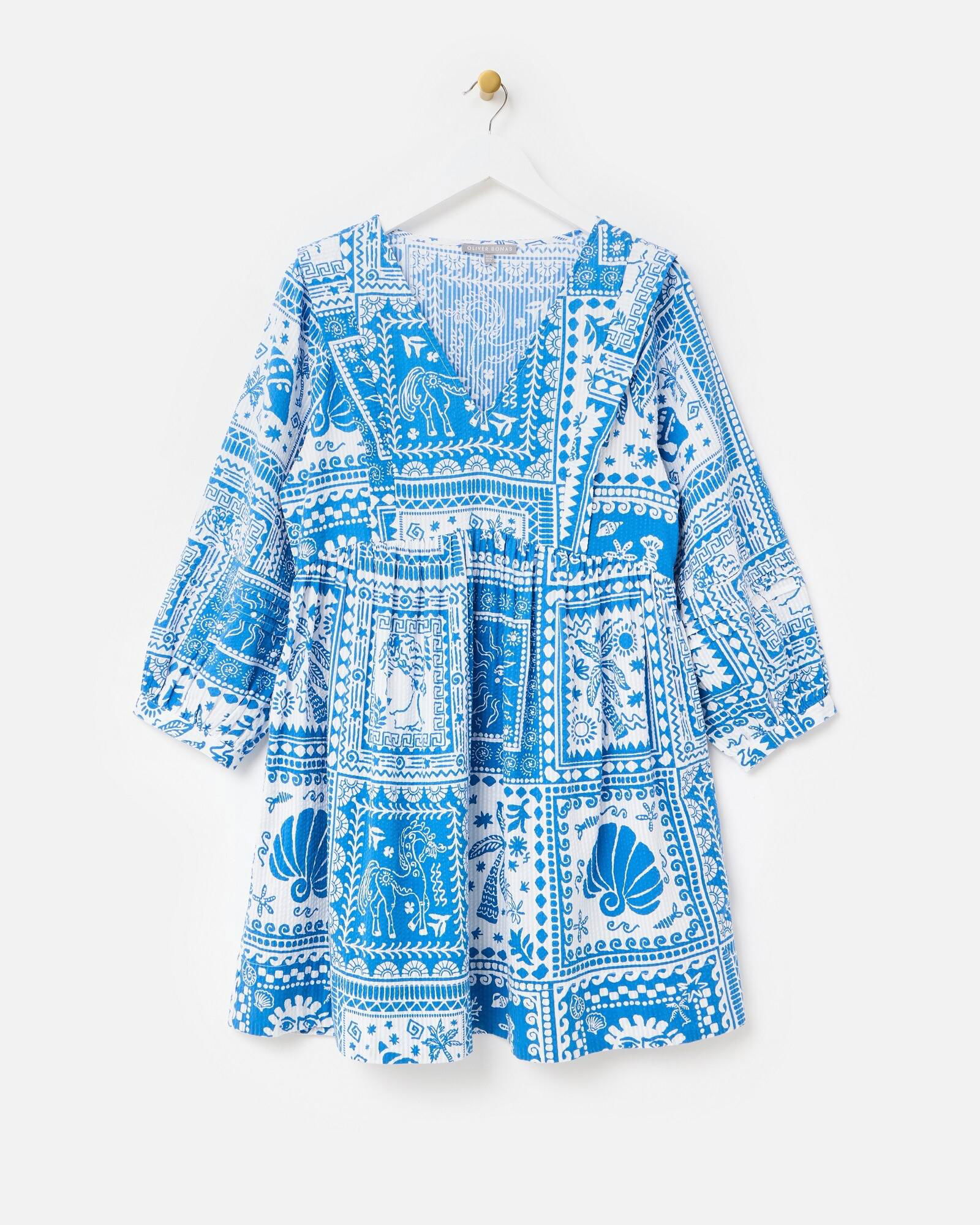 OLIVER BONAS Summer Tile Print Seersucker Mini Dress in Blue | endource