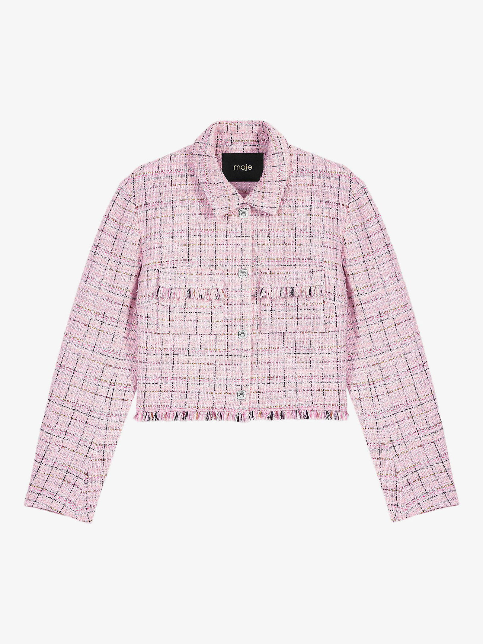 MAJE Fringed-Hem Boxy-Fit Tweed Jacket in ROSES | endource