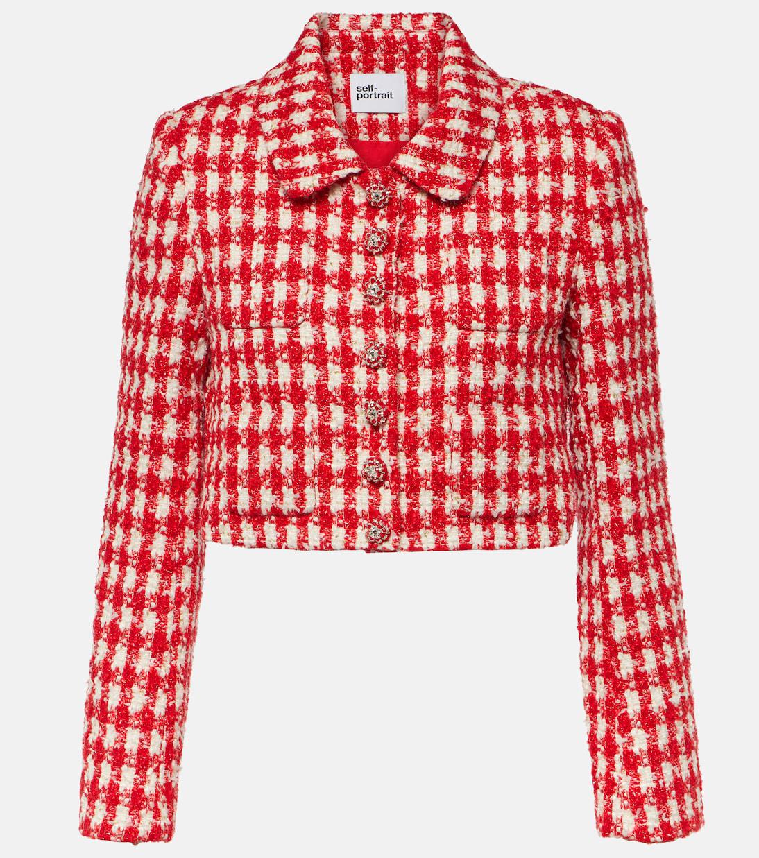SELF-PORTRAIT Houndstooth Bouclé Jacket in Red | endource