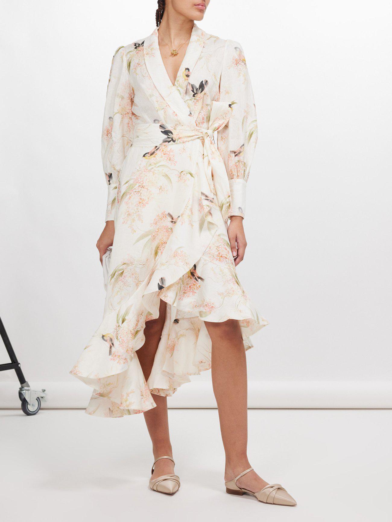 ZIMMERMANN Bird-Print Linen Wrap Dress in White | endource
