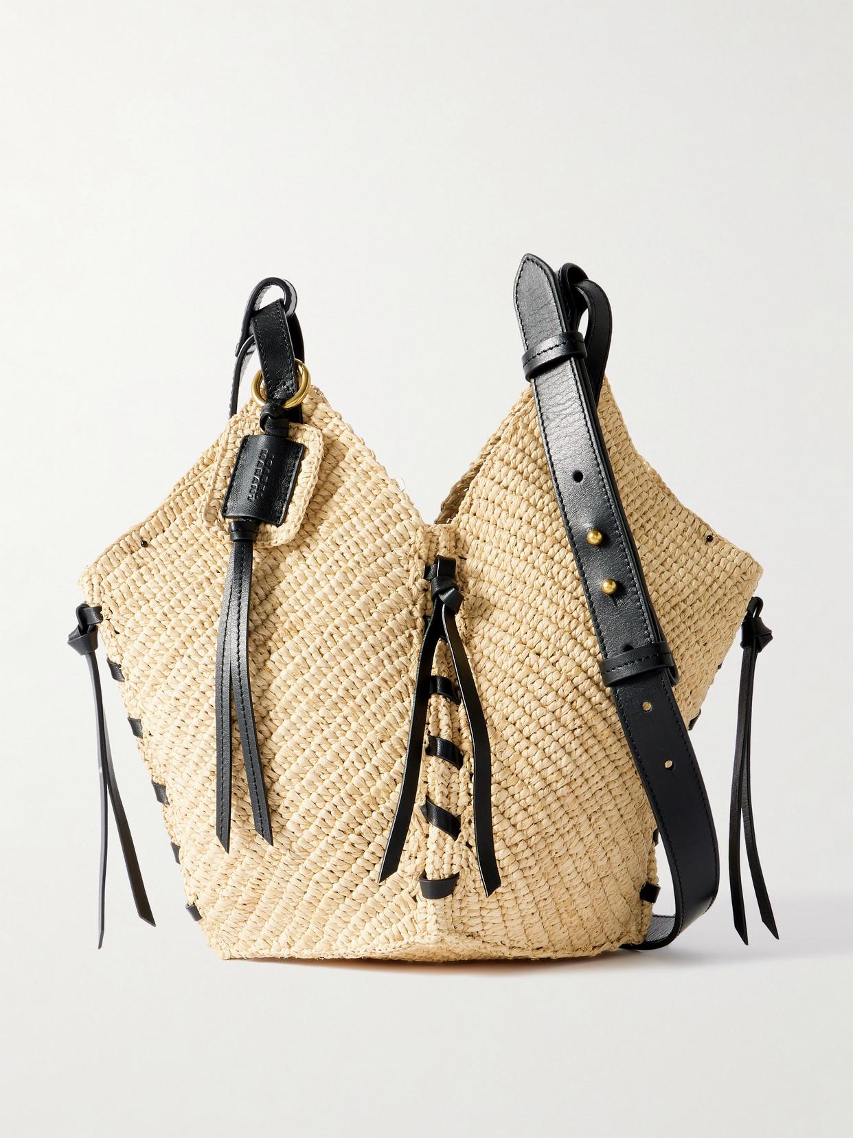 ISABEL MARANT Tampa Mini Leather-Trimmed Raffia Bucket Bag in Neutrals ...